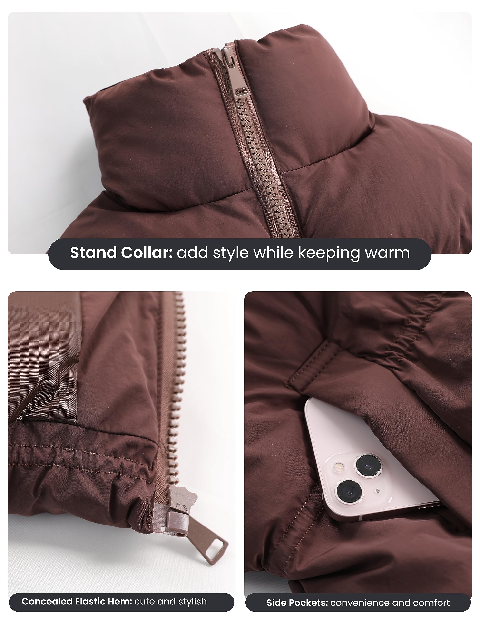 UANEO Womens Cropped Puffer Vest Zip Up Stand Collar Sleeveless Padded Cropped Vest (Brown-M)