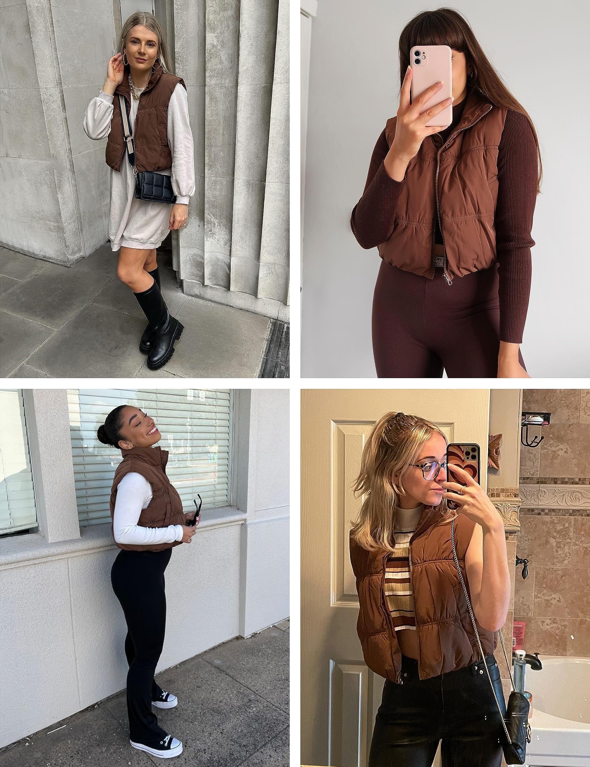 UANEO Womens Cropped Puffer Vest Zip Up Stand Collar Sleeveless Padded Cropped Vest (Brown-M)