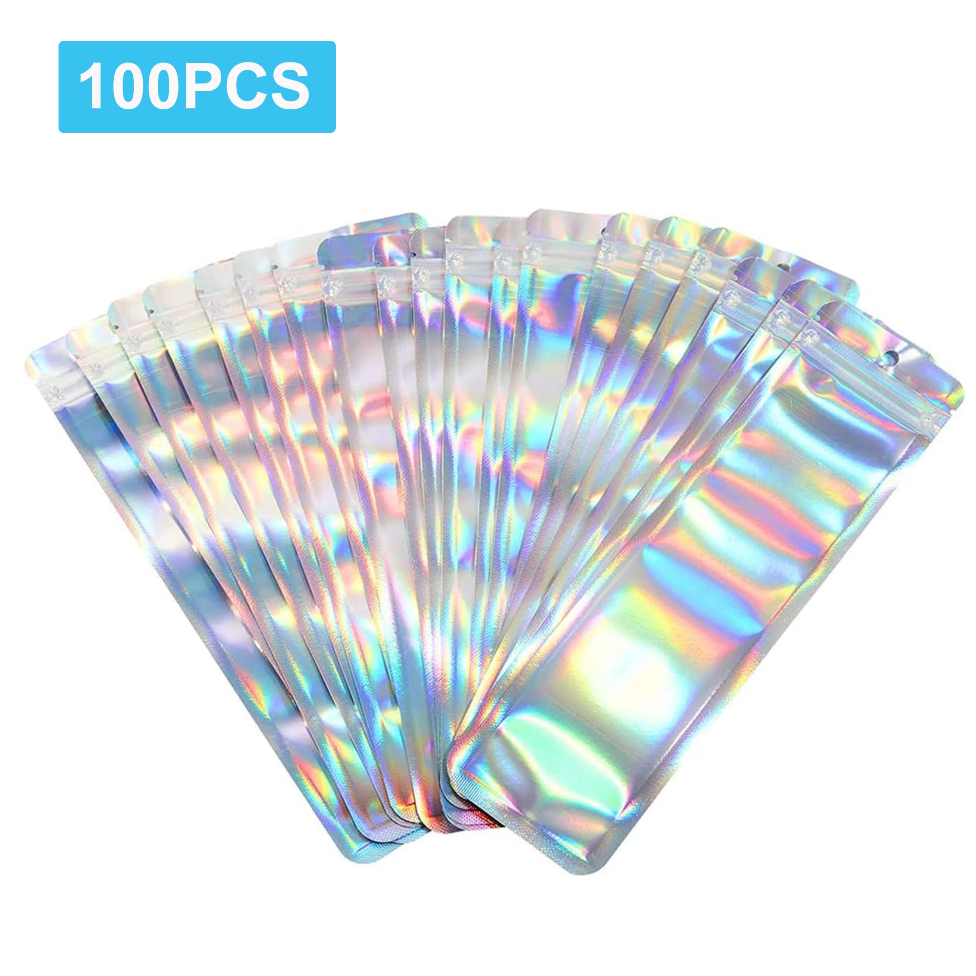 100 Pieces Smell Proof Bags Holographic Packaging Bags Storage Bag with Clear Window for Food Storage (Holographic Color, 2.8x8.7 Inch)