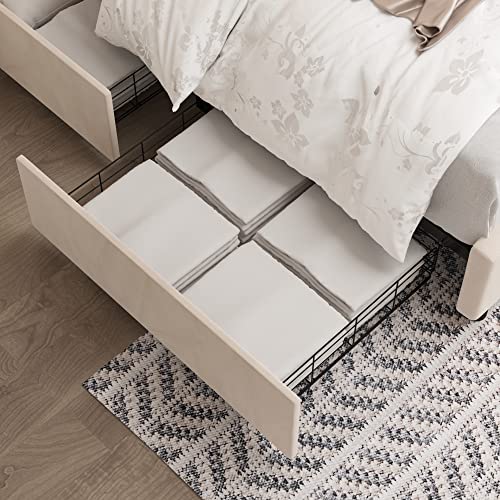 King Bed Frame with Storage and Adjustable Headboard, Bed Frame with 4 Drawers and Wooden Slats Support, No Box Spring Needed, Velvet, Beige