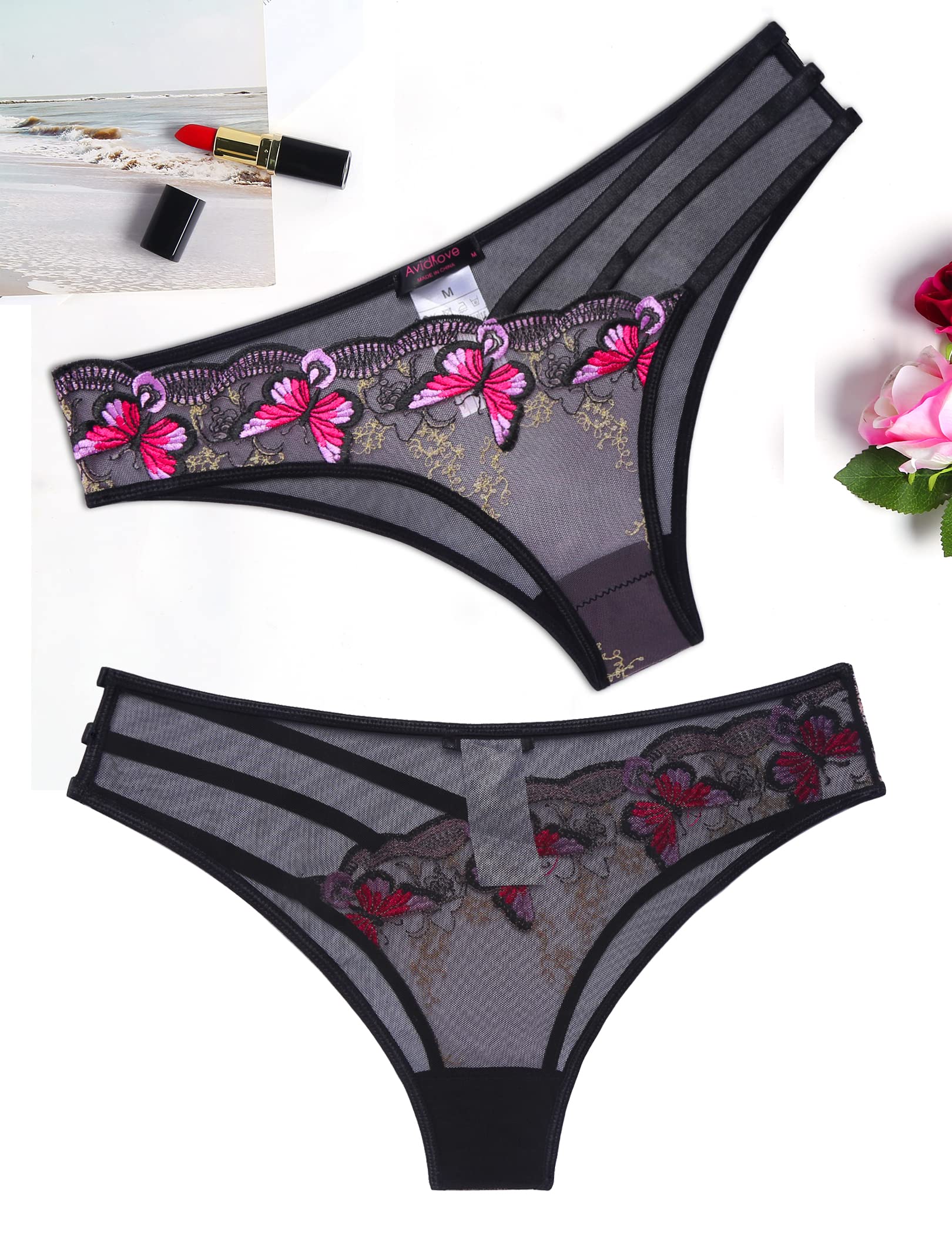 Avidlove Sexy Panties for Women Mesh Butterfly Cheeky Underwear Cut-out Hipster Panty