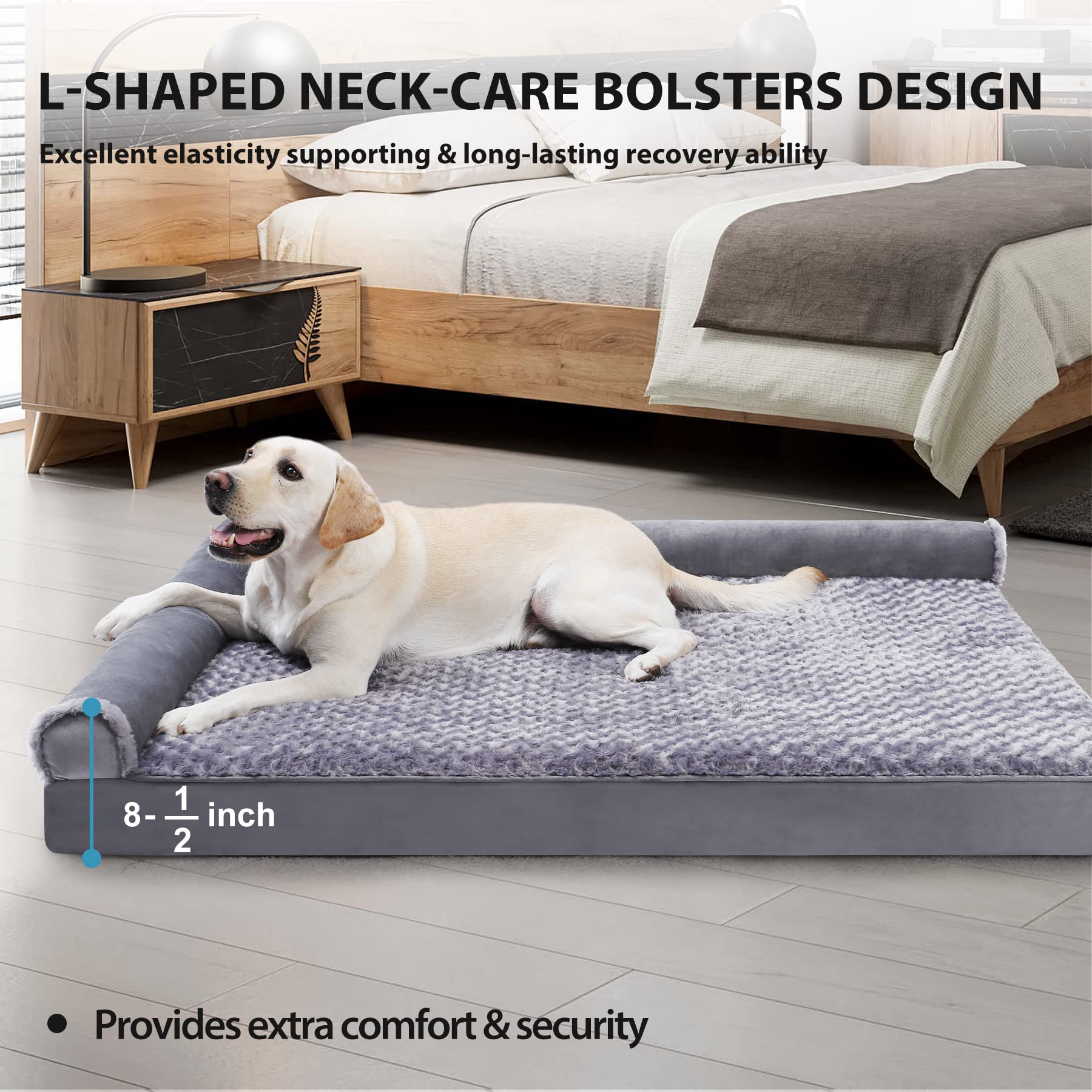 MIHIKK Orthopedic Pet Bed Deluxe Plush L-Shaped Couch with Waterproof Lining Bolster Sleeping Sofa with Removable Washable Cover & Nonskid Bottom for Jumbo Dogs, Gray