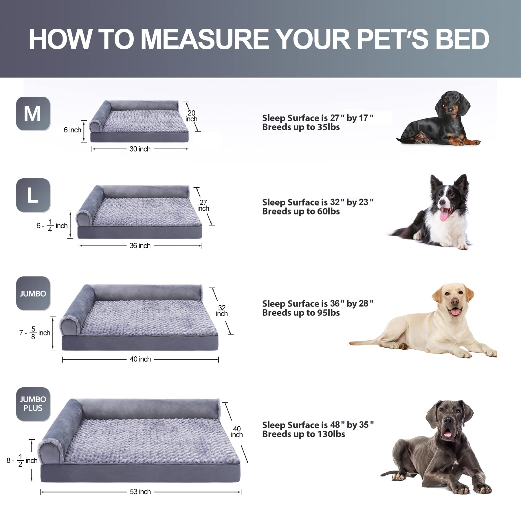 MIHIKK Orthopedic Pet Bed Deluxe Plush L-Shaped Couch with Waterproof Lining Bolster Sleeping Sofa with Removable Washable Cover & Nonskid Bottom for Jumbo Dogs, Gray