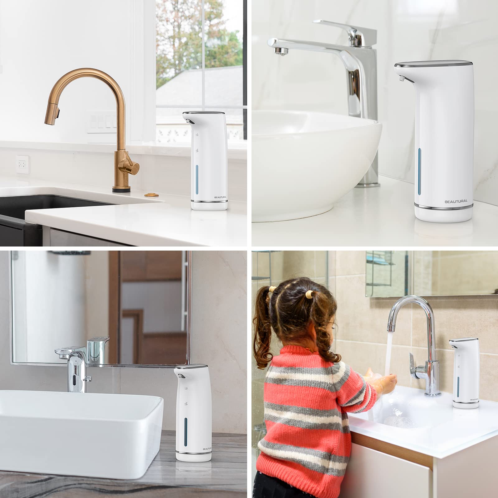 BEAUTURAL Automatic Foaming Soap Dispenser, Touchless Hand Soap Dispenser Rechargeable, Dish Soap Dispenser for Bathroom Countertop, Kitchen and Commercial 10oz/300ml
