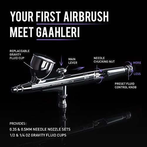 Gaahleri Airbrush Kit, Airbrush Gun Dual-Action Gravity 1/2 & 1/4 oz Fluid Cup, 0.35 & 0.5 mm Needle, Cost-Effective Air Brush Set Makeup Nail Art Painting Model Coloring Cake Decor Silver