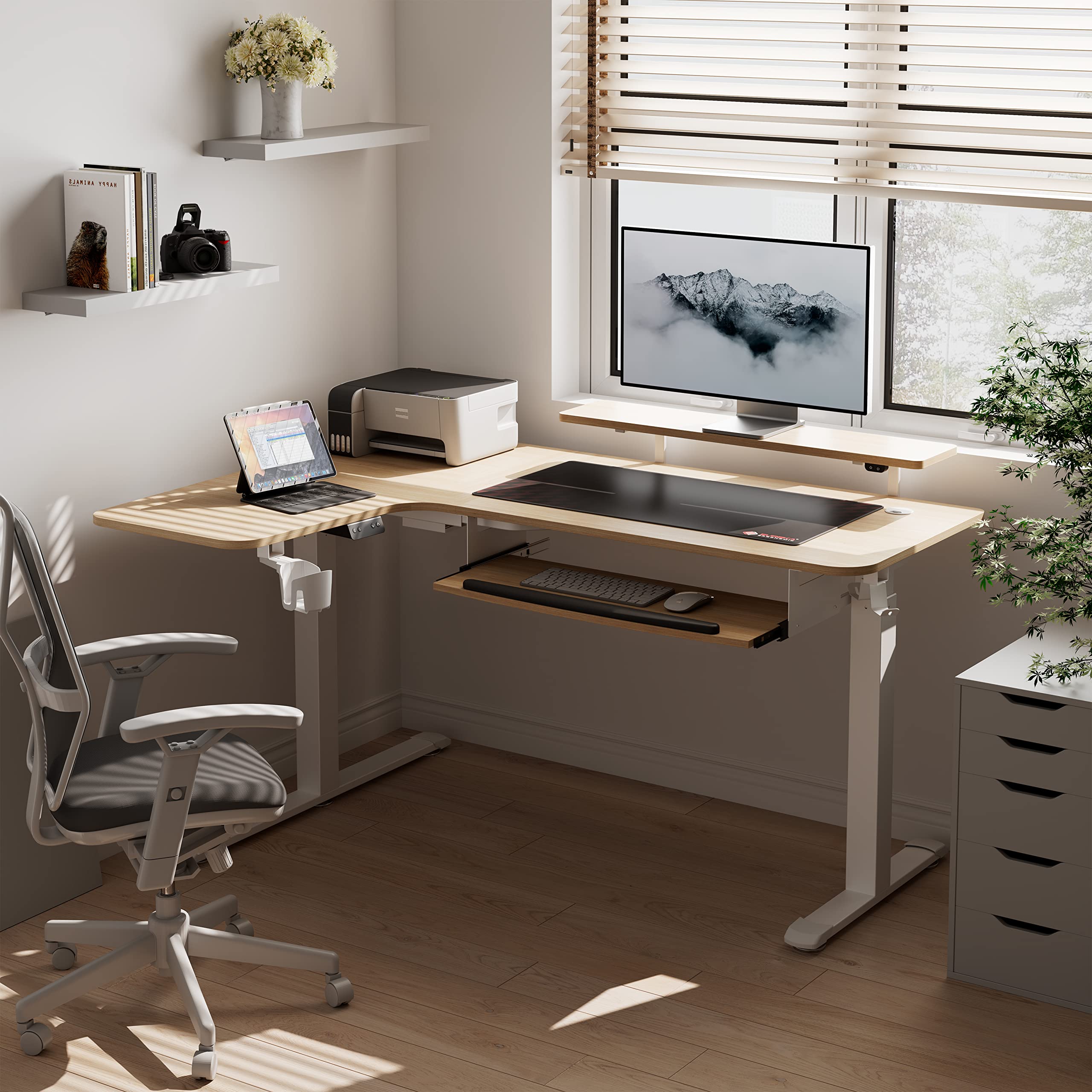 EUREKA ERGONOMIC Standing Desk Adjustable Height 61" Electric Sit Stand Computer Desk L Shaped with Keyboard Tray,Monitor Stand &LED, Dual Motor Memory Presets Sit to Desk Adjustable Desk, Left/Maple