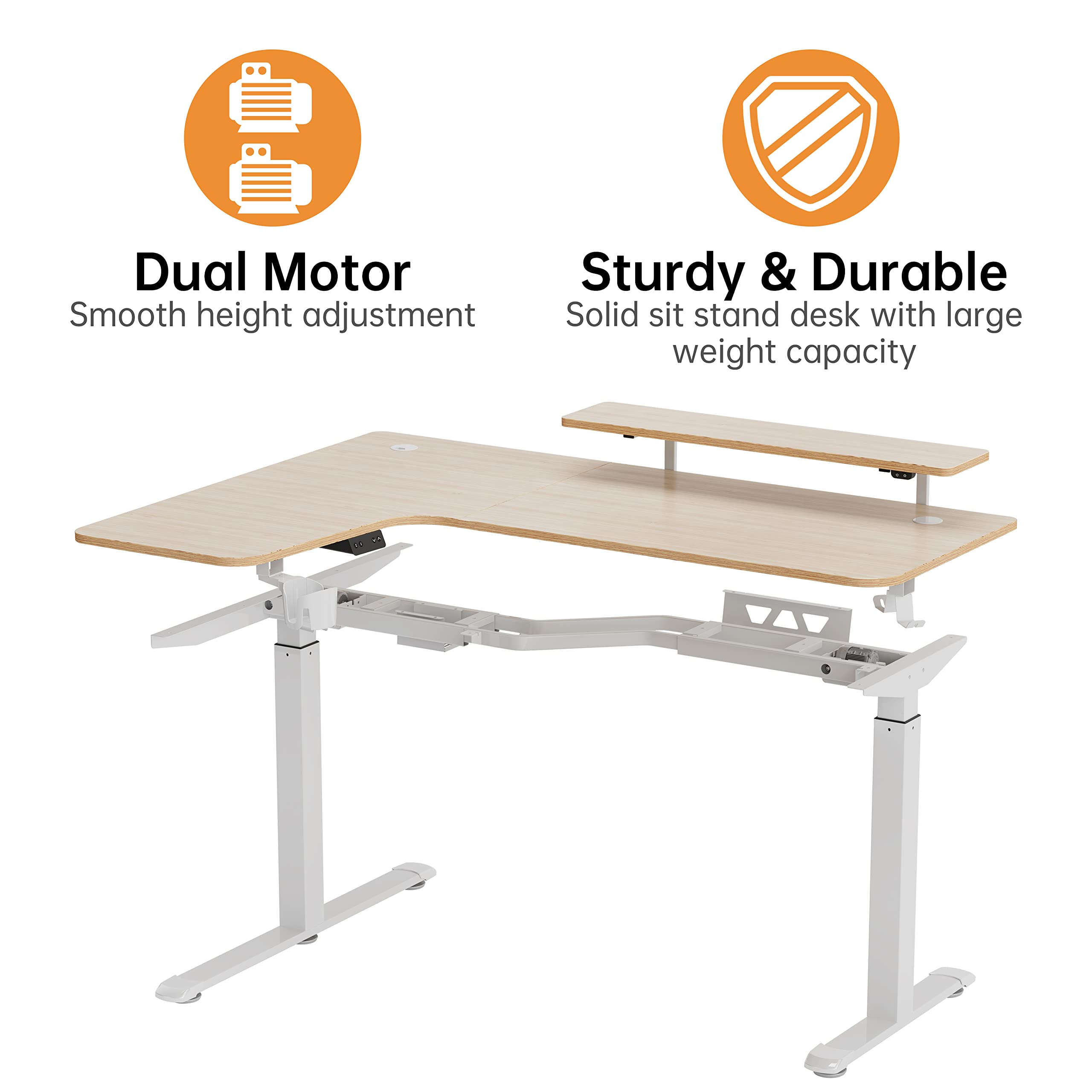 EUREKA ERGONOMIC Standing Desk Adjustable Height 61" Electric Sit Stand Computer Desk L Shaped with Keyboard Tray,Monitor Stand &LED, Dual Motor Memory Presets Sit to Desk Adjustable Desk, Left/Maple
