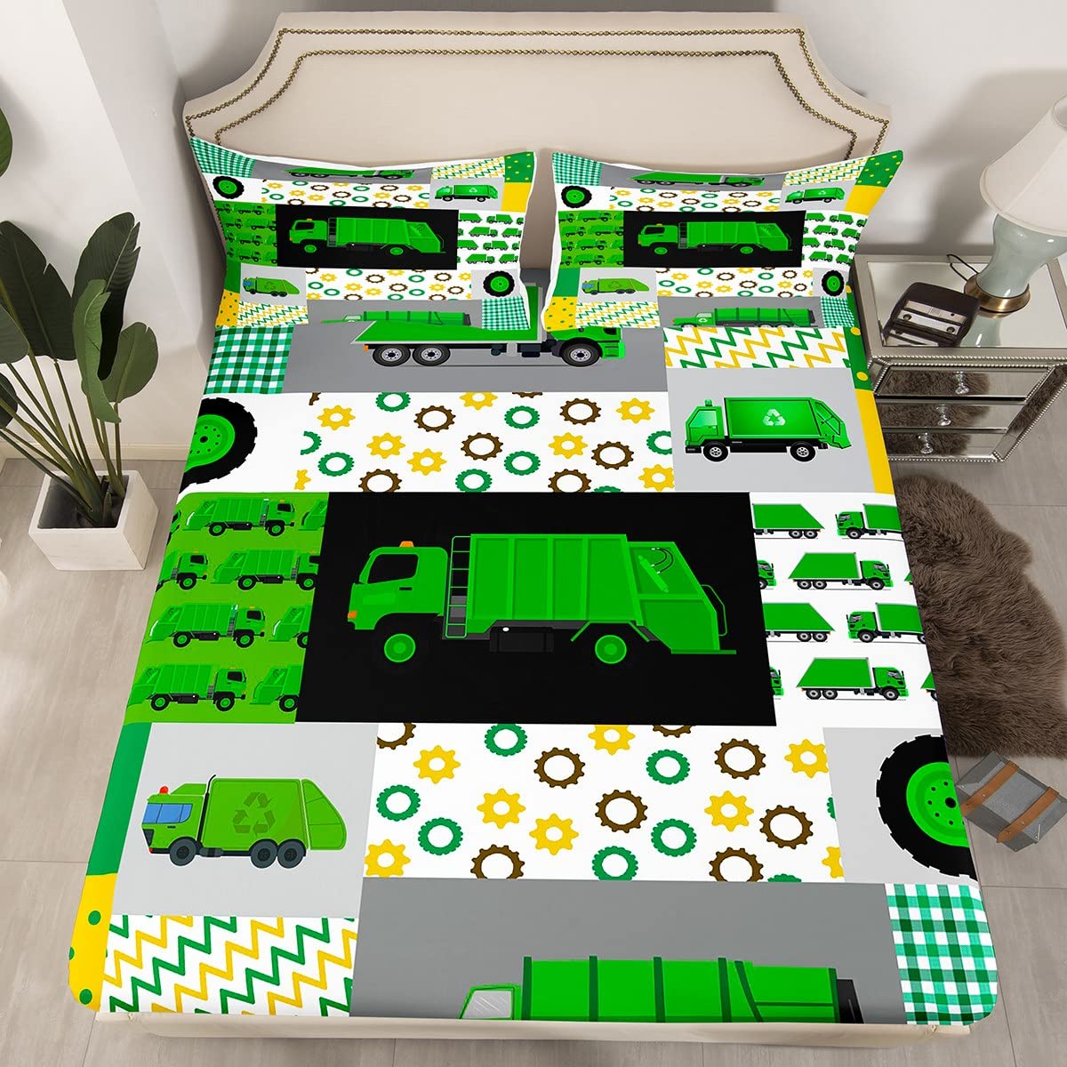 Feelyou Green Garbage Truck Sheets with Deep Pocket Fitted Sheet Powered Waste Management Recycling Trucks Sheet Set Cartoon Garbage Truck Bed Sheets Set for Kids Boys Girls Car Bedding Set Twin Size