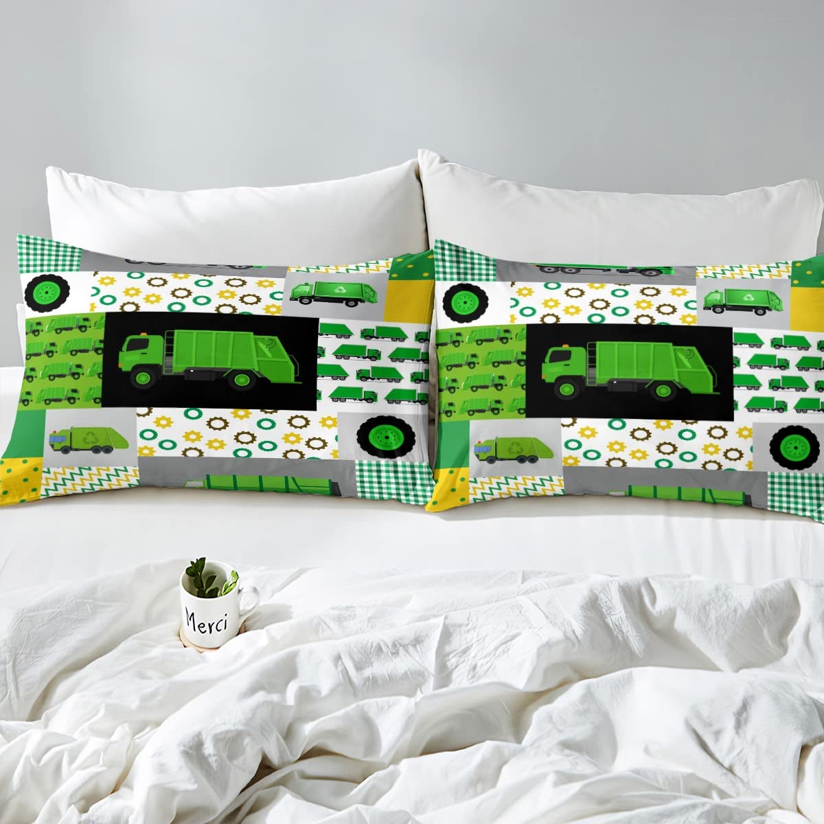 Feelyou Green Garbage Truck Sheets with Deep Pocket Fitted Sheet Powered Waste Management Recycling Trucks Sheet Set Cartoon Garbage Truck Bed Sheets Set for Kids Boys Girls Car Bedding Set Twin Size