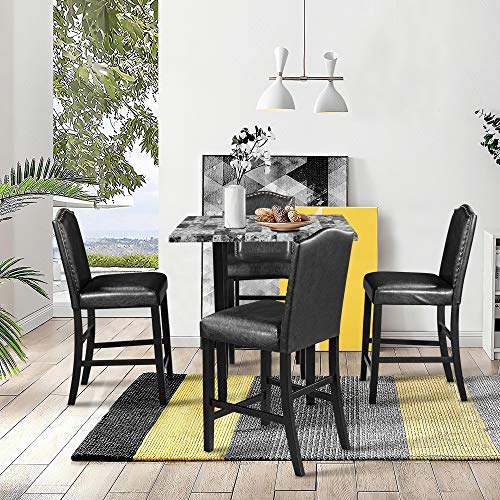5-Piece Dining Table Set with Bottom Shelf, Faux Marble Counter Height Kitchen Table with Matching 4 PU Leather Chairs, Dining Table Set for Kitchen Living Room (Black Chair+Gray Table)