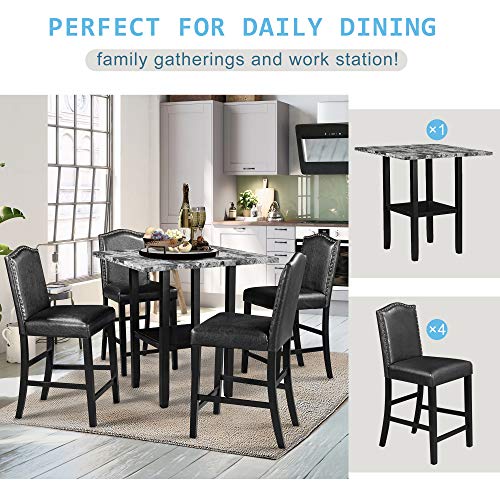 5-Piece Dining Table Set with Bottom Shelf, Faux Marble Counter Height Kitchen Table with Matching 4 PU Leather Chairs, Dining Table Set for Kitchen Living Room (Black Chair+Gray Table)