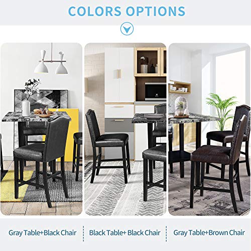 5-Piece Dining Table Set with Bottom Shelf, Faux Marble Counter Height Kitchen Table with Matching 4 PU Leather Chairs, Dining Table Set for Kitchen Living Room (Black Chair+Gray Table)