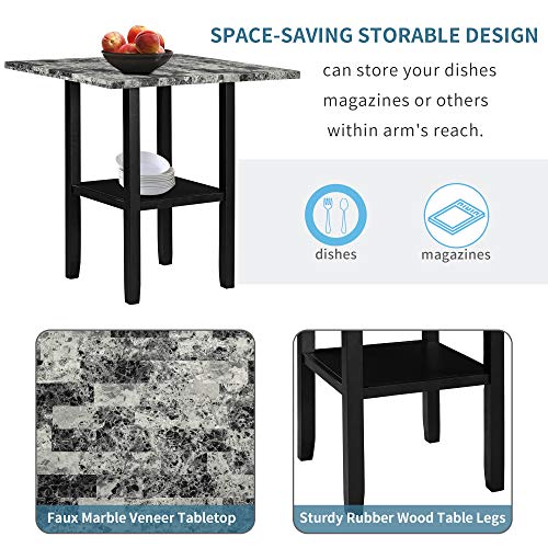 5-Piece Dining Table Set with Bottom Shelf, Faux Marble Counter Height Kitchen Table with Matching 4 PU Leather Chairs, Dining Table Set for Kitchen Living Room (Black Chair+Gray Table)
