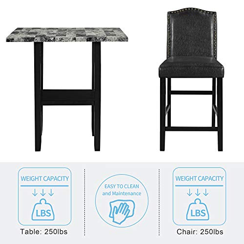 5-Piece Dining Table Set with Bottom Shelf, Faux Marble Counter Height Kitchen Table with Matching 4 PU Leather Chairs, Dining Table Set for Kitchen Living Room (Black Chair+Gray Table)