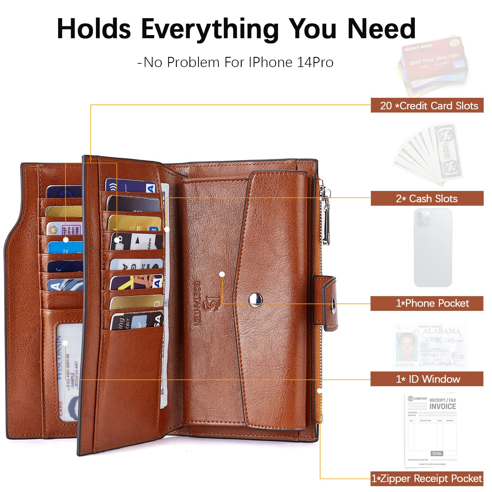 BOSTANTEN Womens Leather Wallets RFID Blocking Large Capacity＆Leather 15.6 inch Laptop Backpack Computer Bag