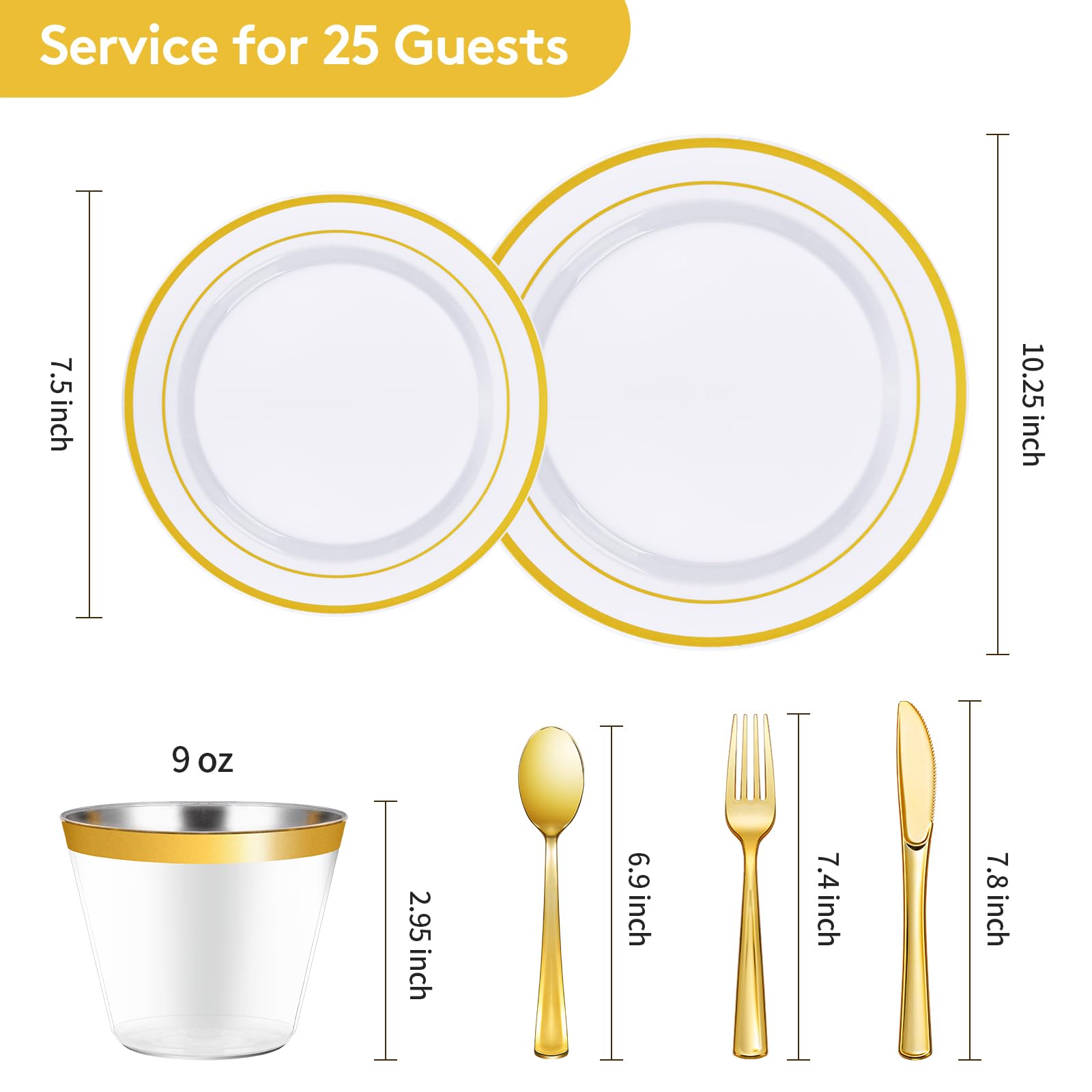 Goodluck 150 Pieces Gold Disposable Plates for 25 Guests, Plastic Party, Wedding, Dinnerware Set of Dinner Plates, Salad Spoons, Forks, Knives, Cups