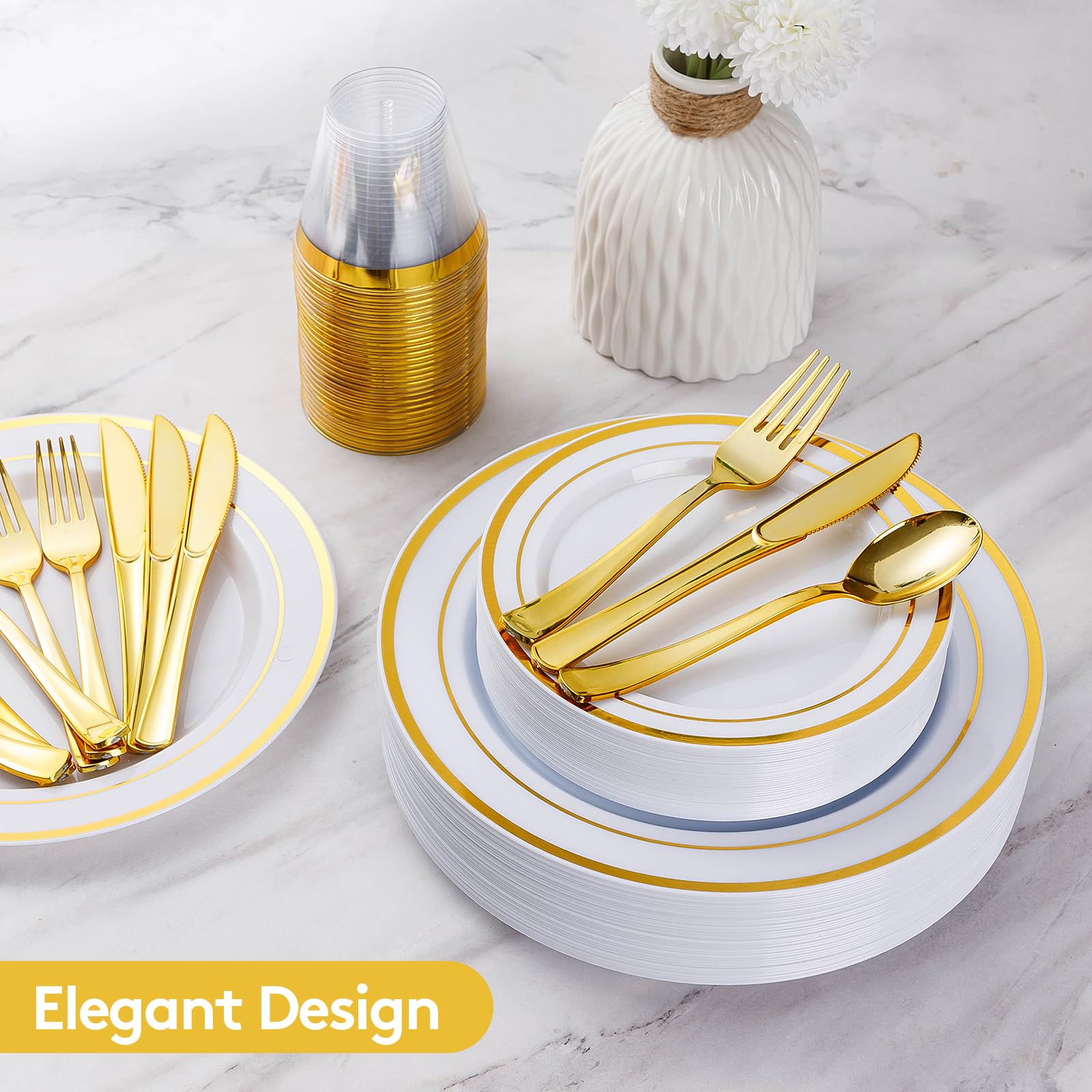 Goodluck 150 Pieces Gold Disposable Plates for 25 Guests, Plastic Party, Wedding, Dinnerware Set of Dinner Plates, Salad Spoons, Forks, Knives, Cups