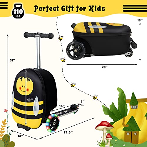 HONEY JOY Kids Scooter Suitcase, 18” Children Carry on Scooter Luggage w/Light-up LED Wheels, Waterproof Shell & Retractable Handle, Lightweight Foldable Ride on Suitcase