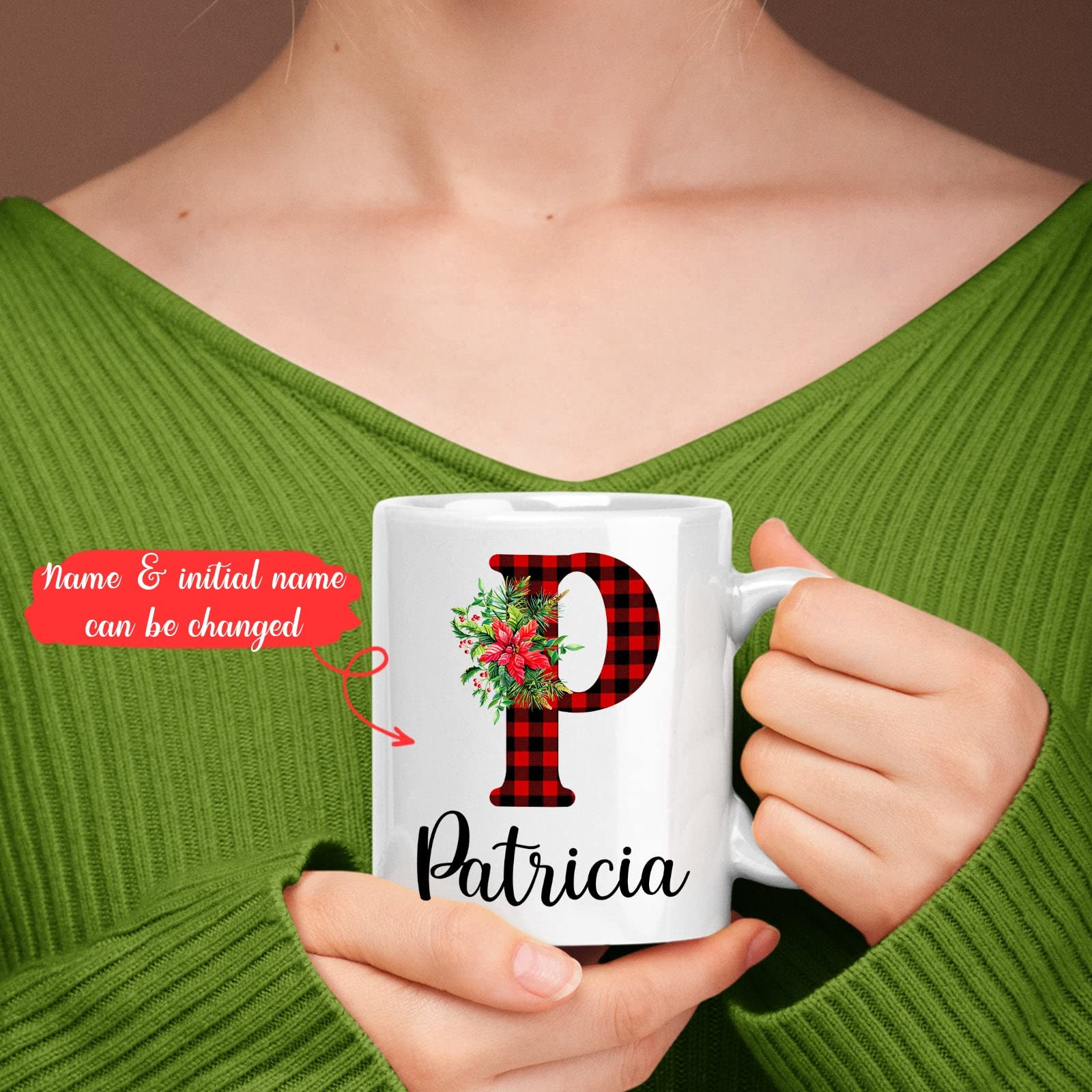BigTees Personalized Floral Alphabet Mug, Custom Name Mug Gifts, Red Buffalo Plaid Monogram Initial, 11oz, 15oz