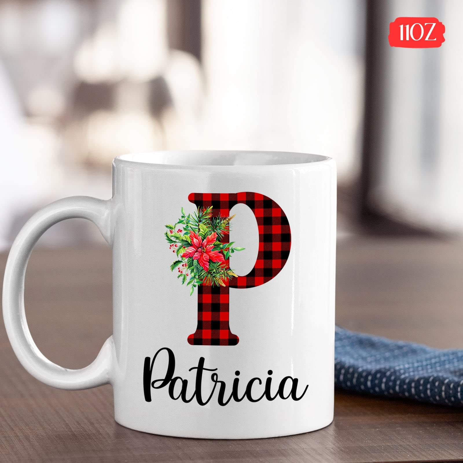 BigTees Personalized Floral Alphabet Mug, Custom Name Mug Gifts, Red Buffalo Plaid Monogram Initial, 11oz, 15oz