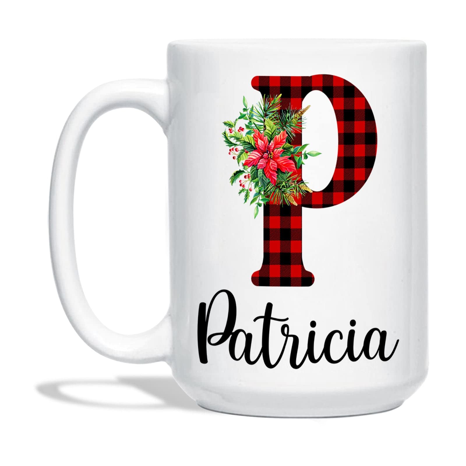 BigTees Personalized Floral Alphabet Mug, Custom Name Mug Gifts, Red Buffalo Plaid Monogram Initial, 11oz, 15oz