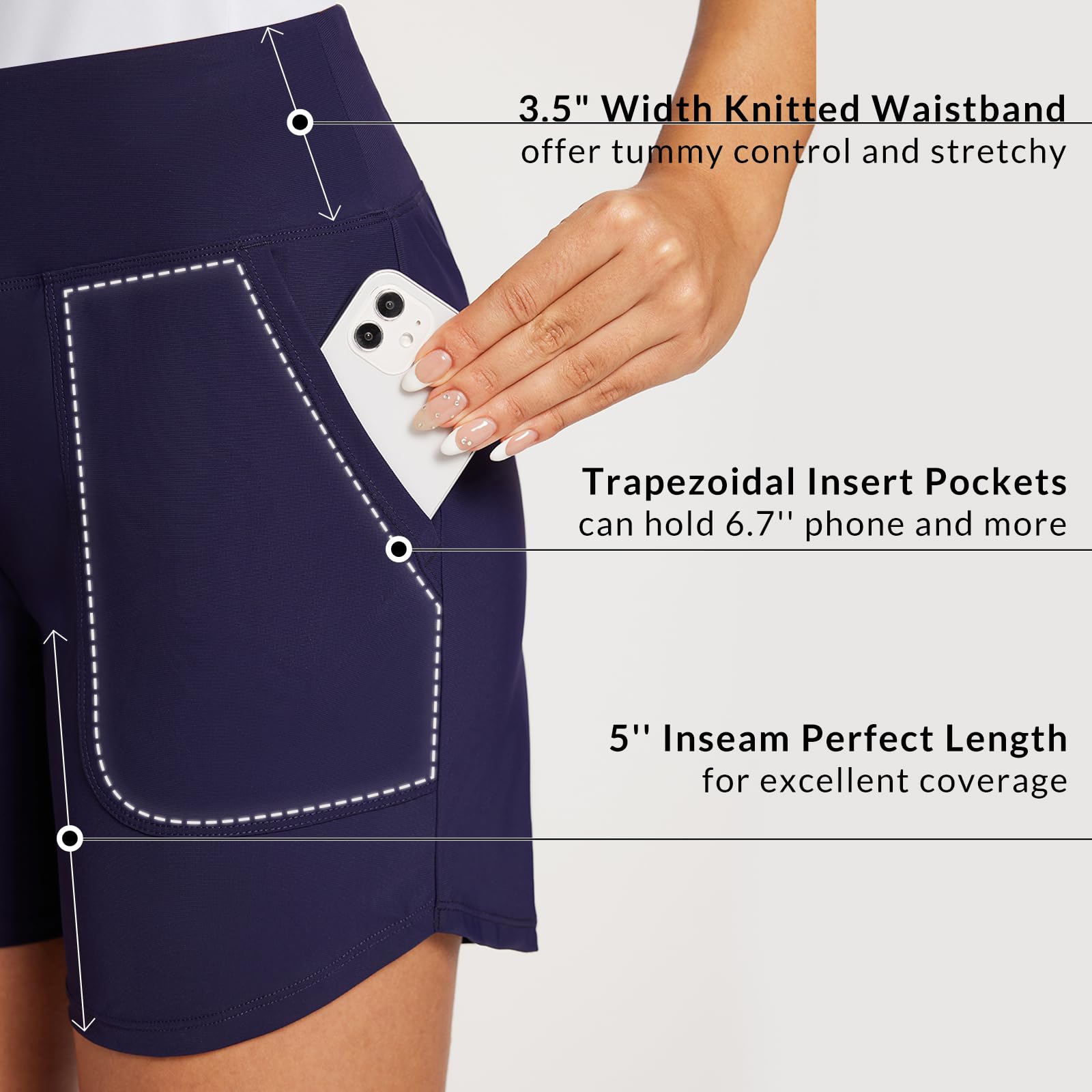 baleaf Women's Swim Shorts Tummy Control Modest Swimsuits Bathing Suit Bottoms 5" Board Shorts Beach Trunks with Pockets Dark Blue 2XL