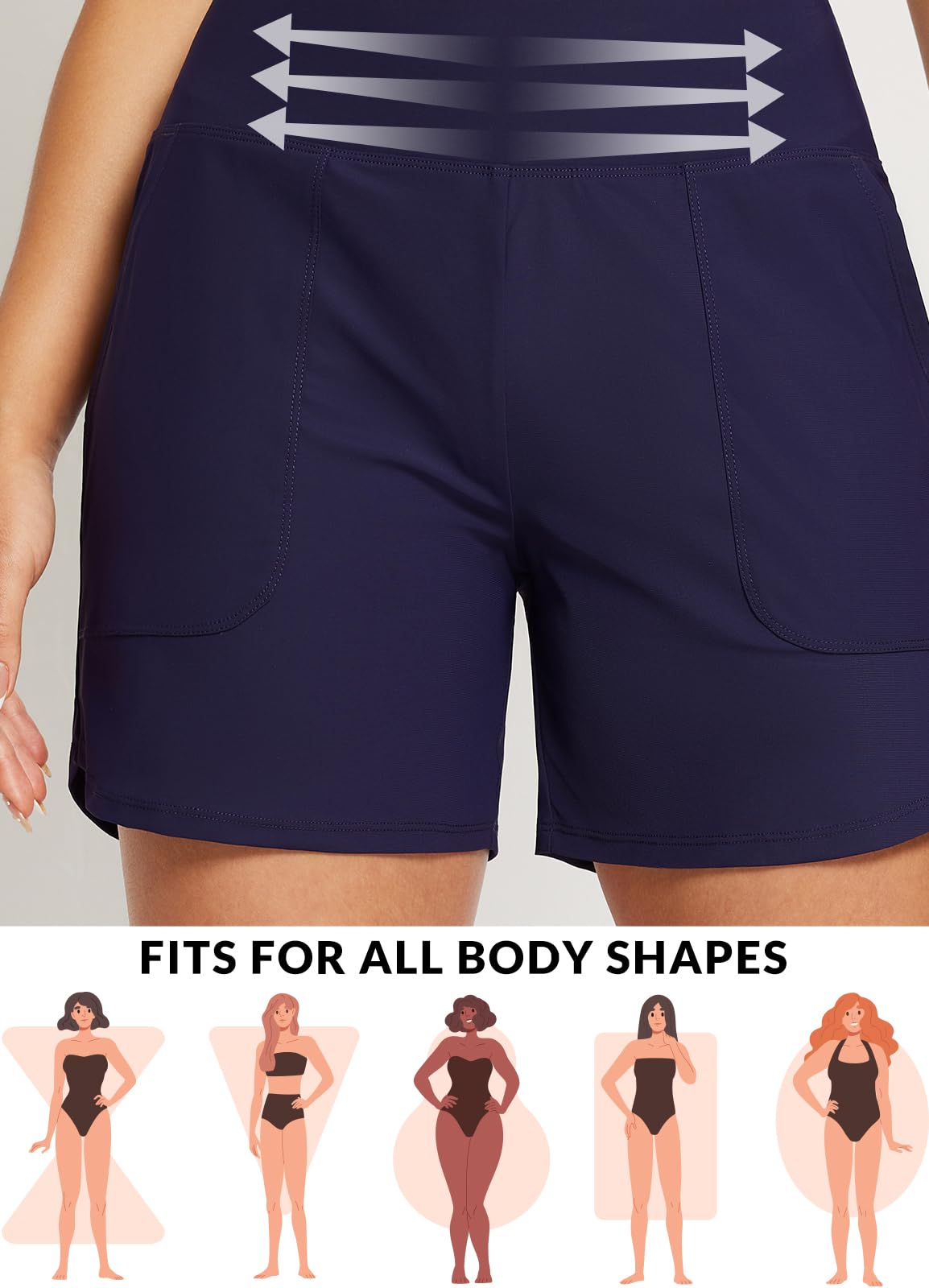 baleaf Women's Swim Shorts Tummy Control Modest Swimsuits Bathing Suit Bottoms 5" Board Shorts Beach Trunks with Pockets Dark Blue 2XL
