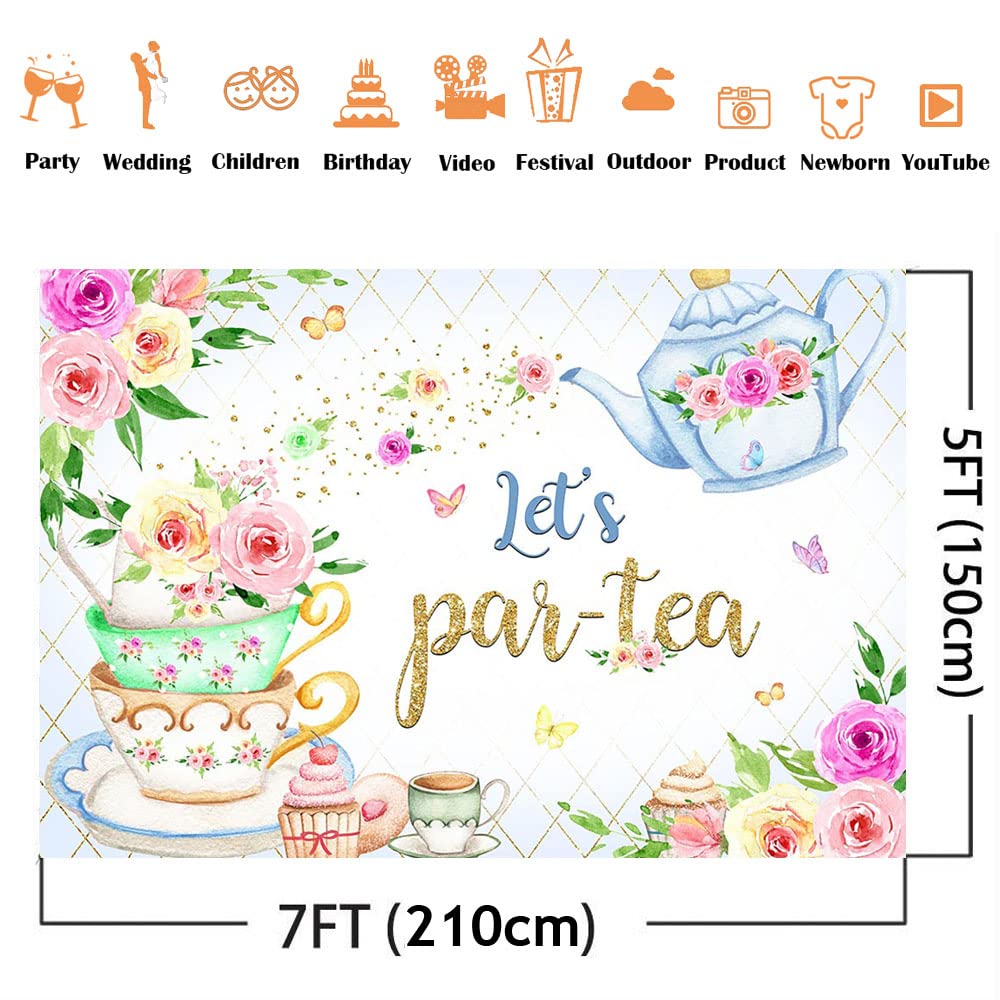 Tea Birthday Party Backdrop Let's Partea Pink Flowers Photo Background Newborn Kids Princess Birthday Party Decoration Cake Table Banner (7x5ft)