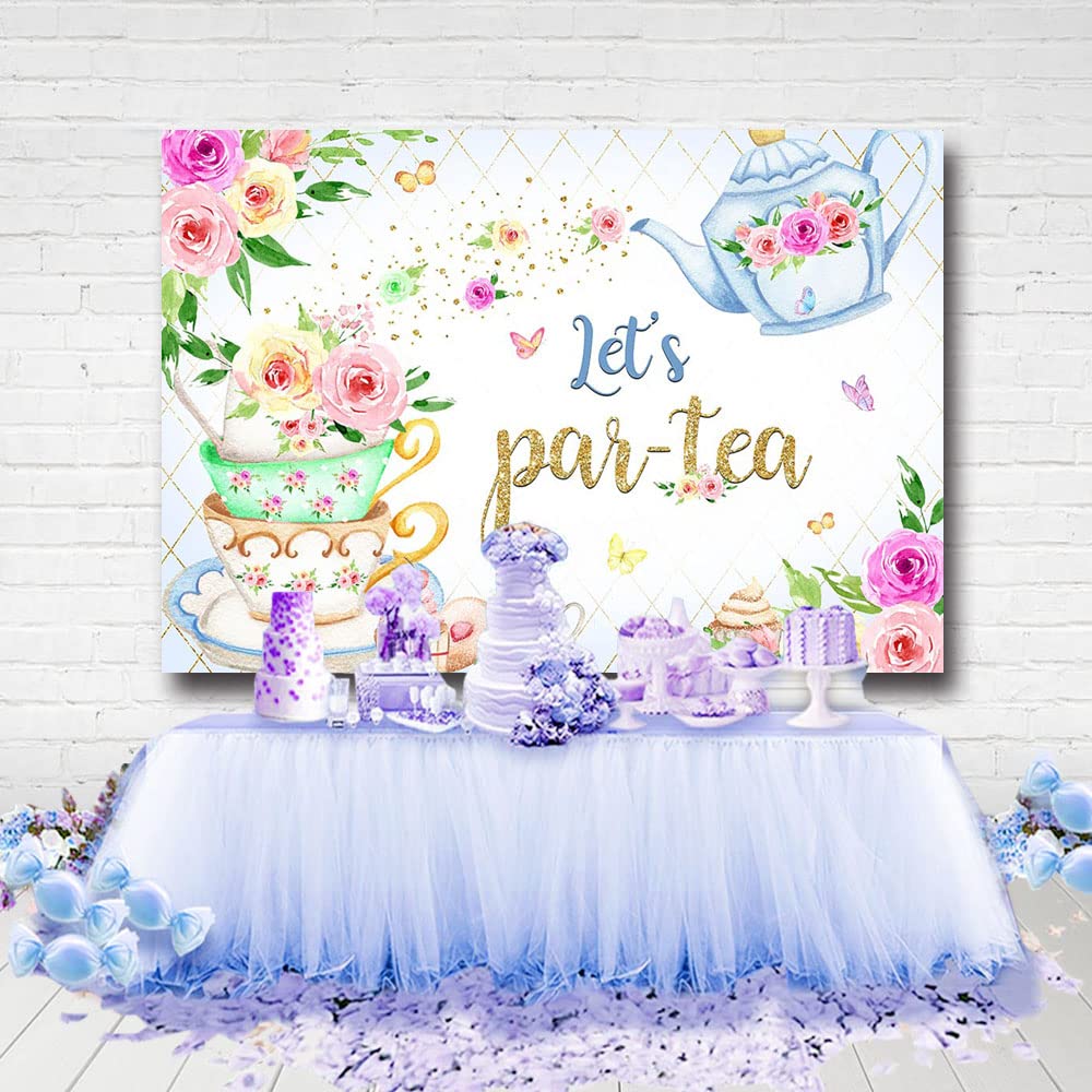 Tea Birthday Party Backdrop Let's Partea Pink Flowers Photo Background Newborn Kids Princess Birthday Party Decoration Cake Table Banner (7x5ft)
