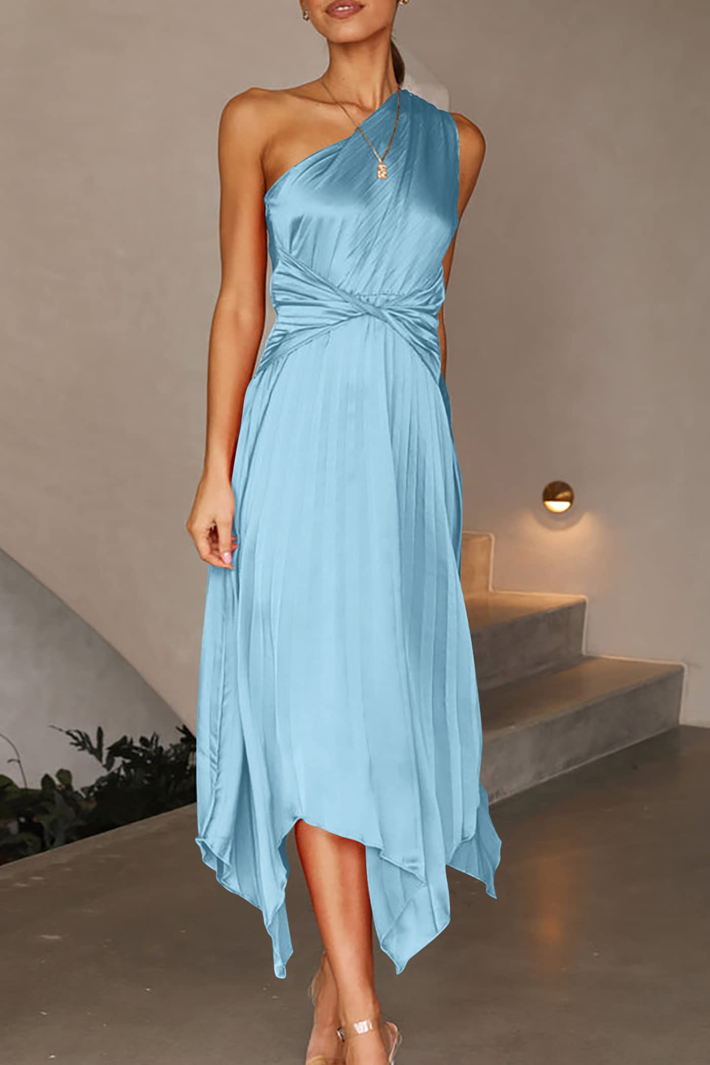 PRETTYGARDEN Women's Summer Long Satin Dress One Shoulder Sleeveless Ruched Twist Flowy Maxi Dresses (Light Blue,Small)