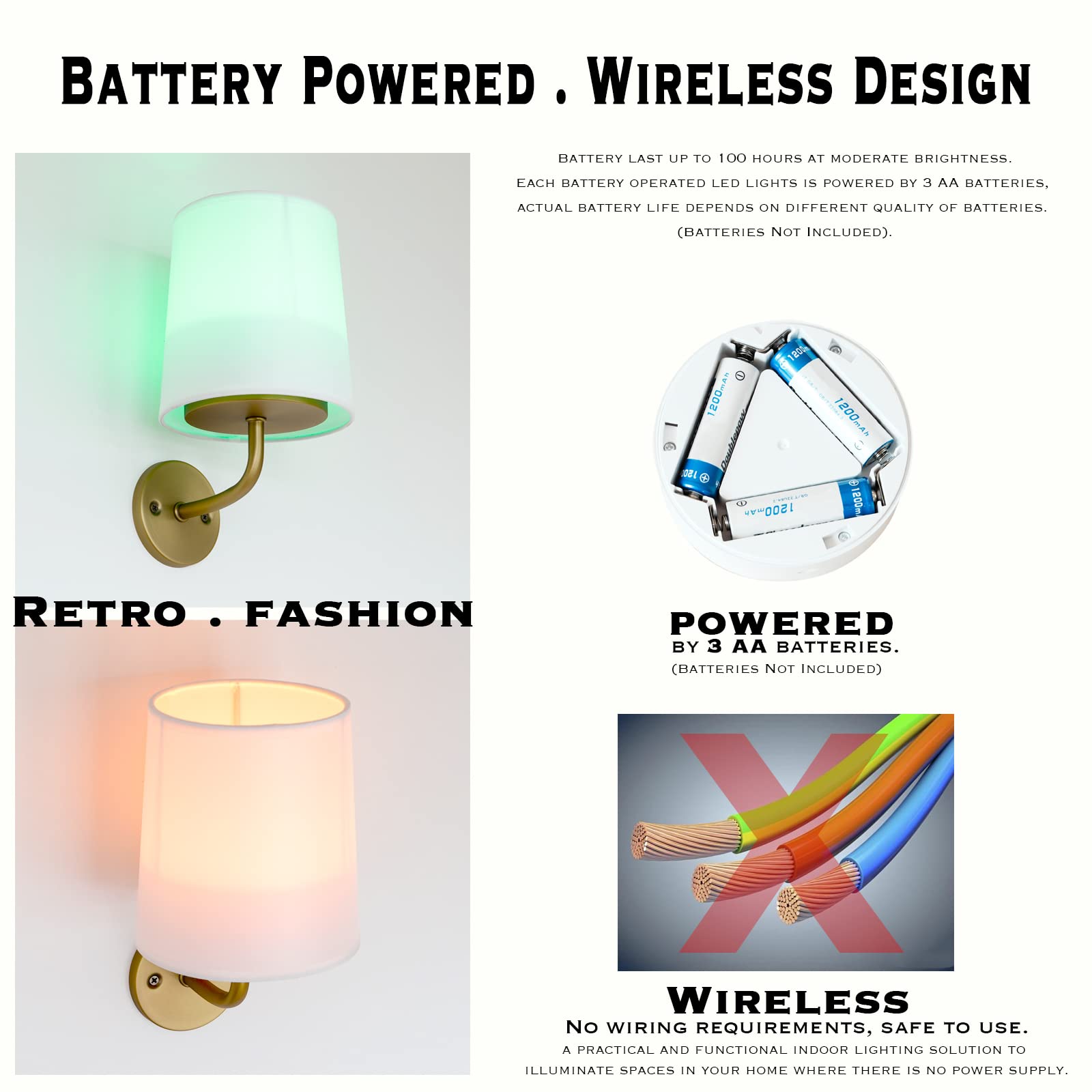 HEQIQEH Rustic Vintage Battery Operated RGB Wall Sconce Light Fixture with Remote Control, Flared Funnel Linen Fabric Shade Dimmable Nightstand Lamps for Bedroom Bedside, 2 Packs (Antique)