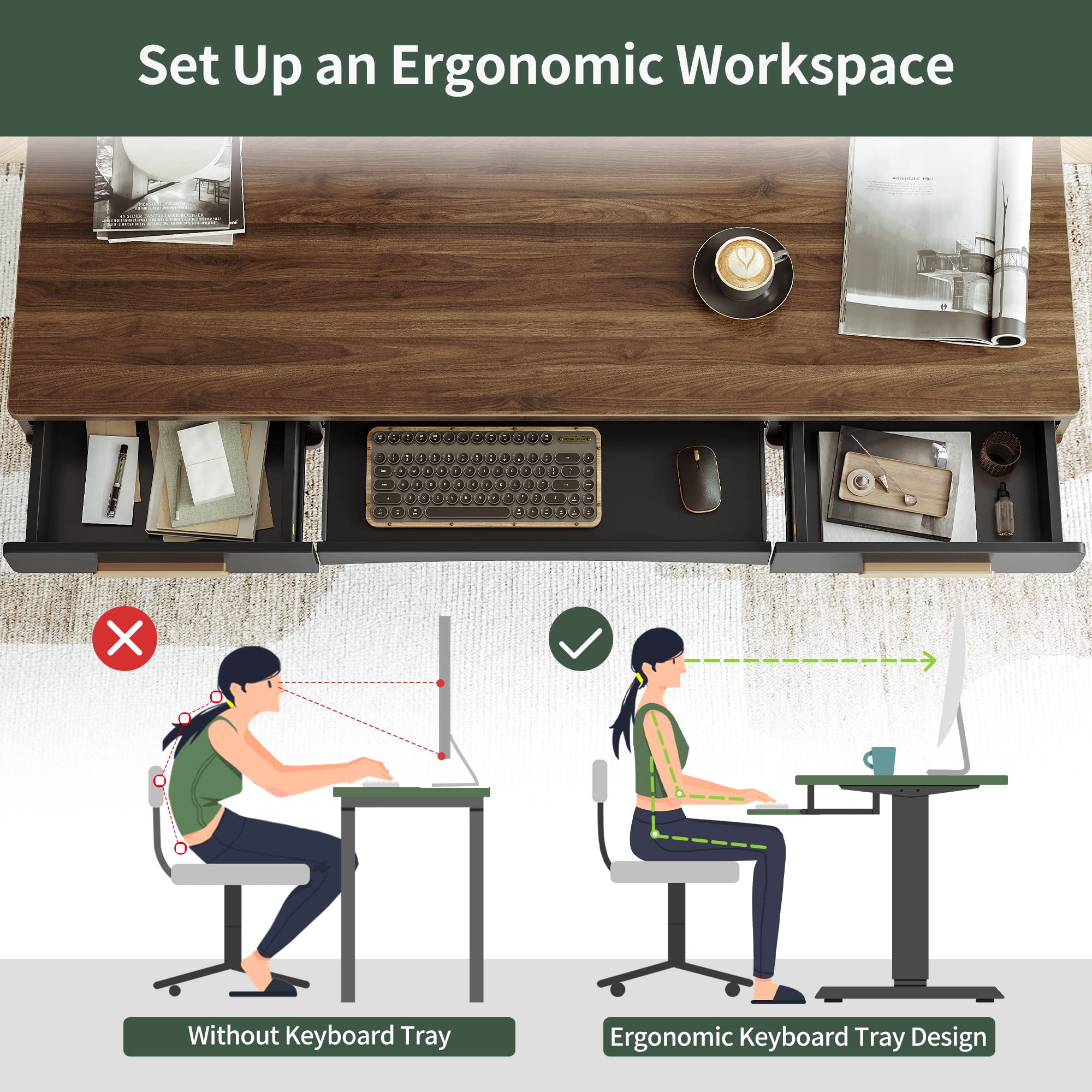 FEZIBO 48" x 26" Mid-Century Modern Electric Standing Desk with 2 Drawers & 1 Keyboard Tray, Whole-Piece Stand Up Home Office Desks, Vintage Top/Black Frame (2 Packages)