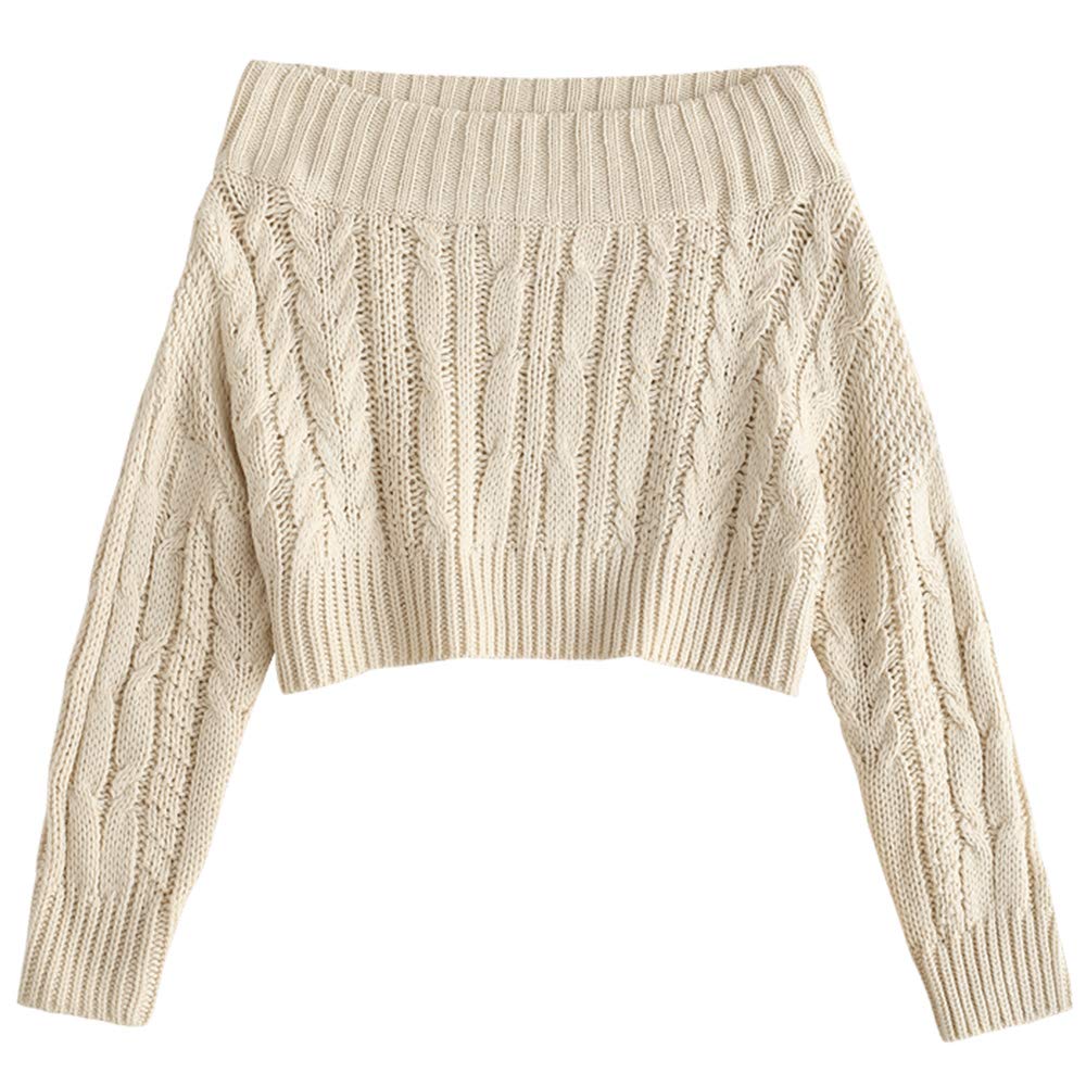 ZAFUL Women's Off Shoulder Cable Knit Crop Top Sweater - Long Sleeve Pullover with Batwing Sleeves