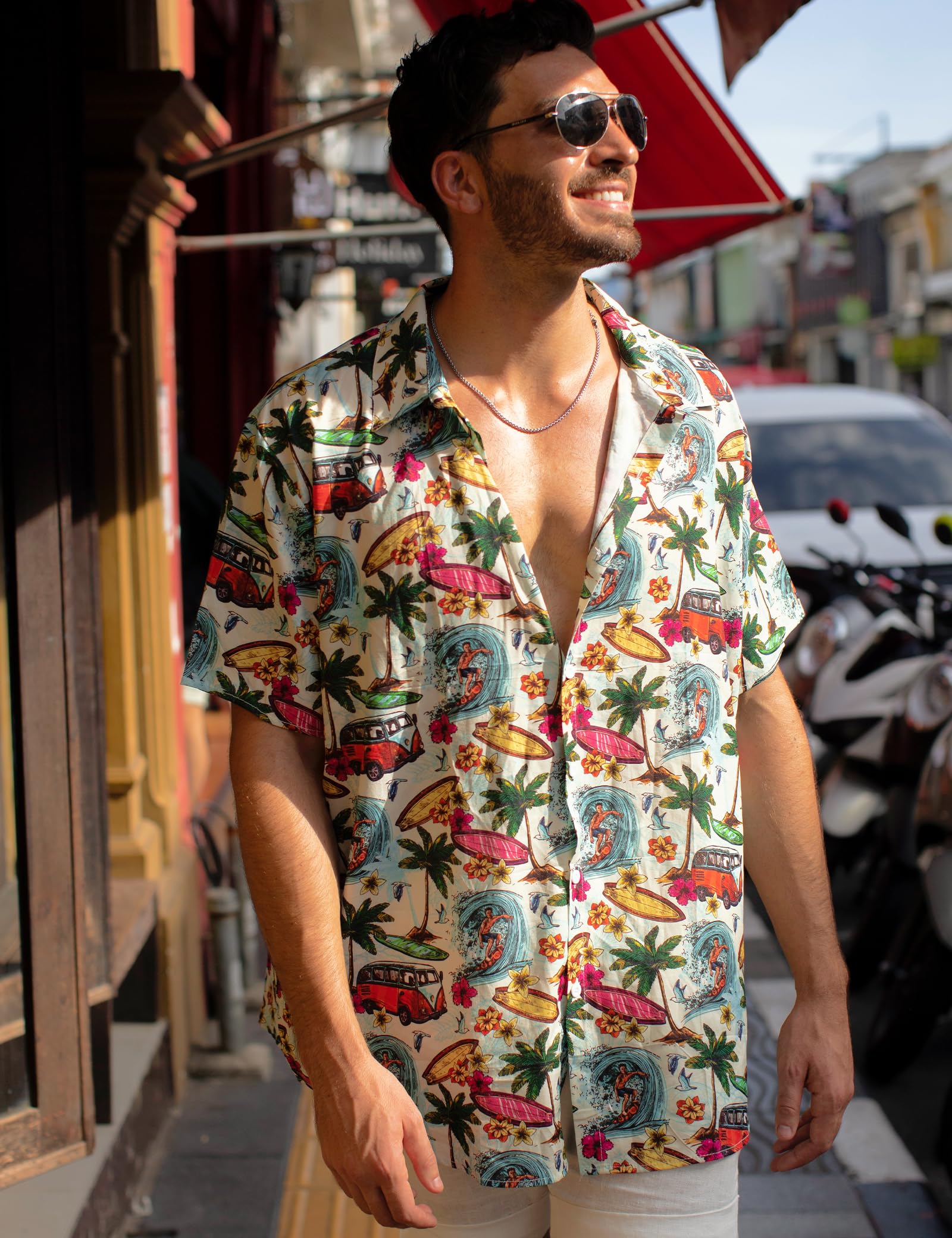 Yoimira Hawaiian Shirts for Men, Print Mens Casual Short Sleeve Button Down Shirts Floral Aloha Beach Shirt Beige