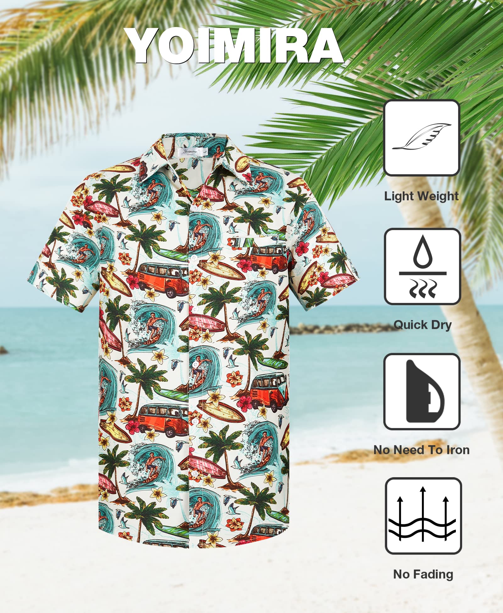 Yoimira Hawaiian Shirts for Men, Print Mens Casual Short Sleeve Button Down Shirts Floral Aloha Beach Shirt Beige