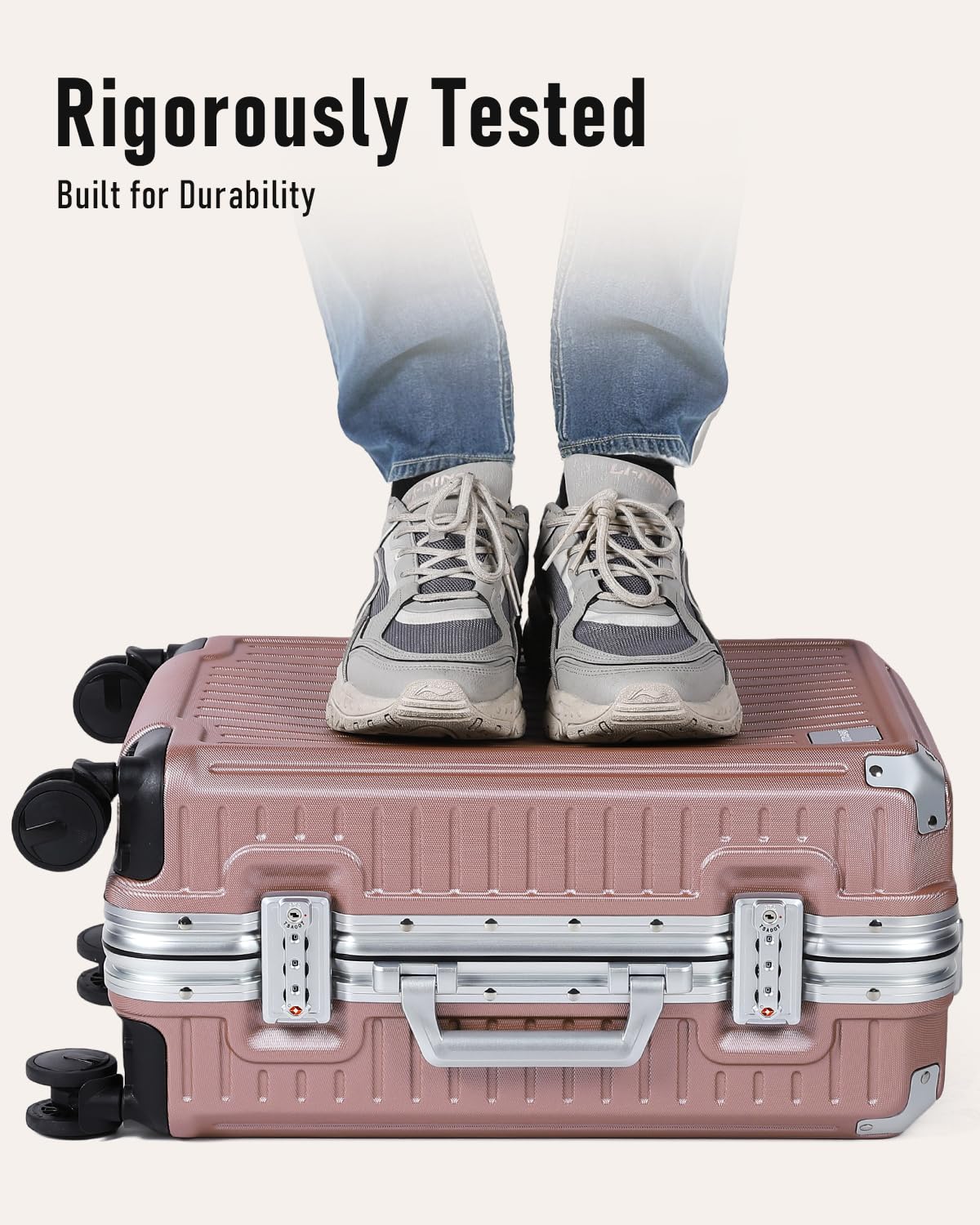 FIGESTIN Carry on Luggage Airline Approved, Aluminum Frame Hard Shell Suitcases with Wheels,100% PC Lightweight, No Zipper Suitcase TSA Approved, 20" Carry-On(Rose Gold)