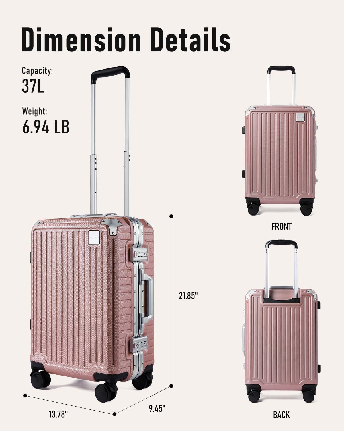 FIGESTIN Carry on Luggage Airline Approved, Aluminum Frame Hard Shell Suitcases with Wheels,100% PC Lightweight, No Zipper Suitcase TSA Approved, 20" Carry-On(Rose Gold)