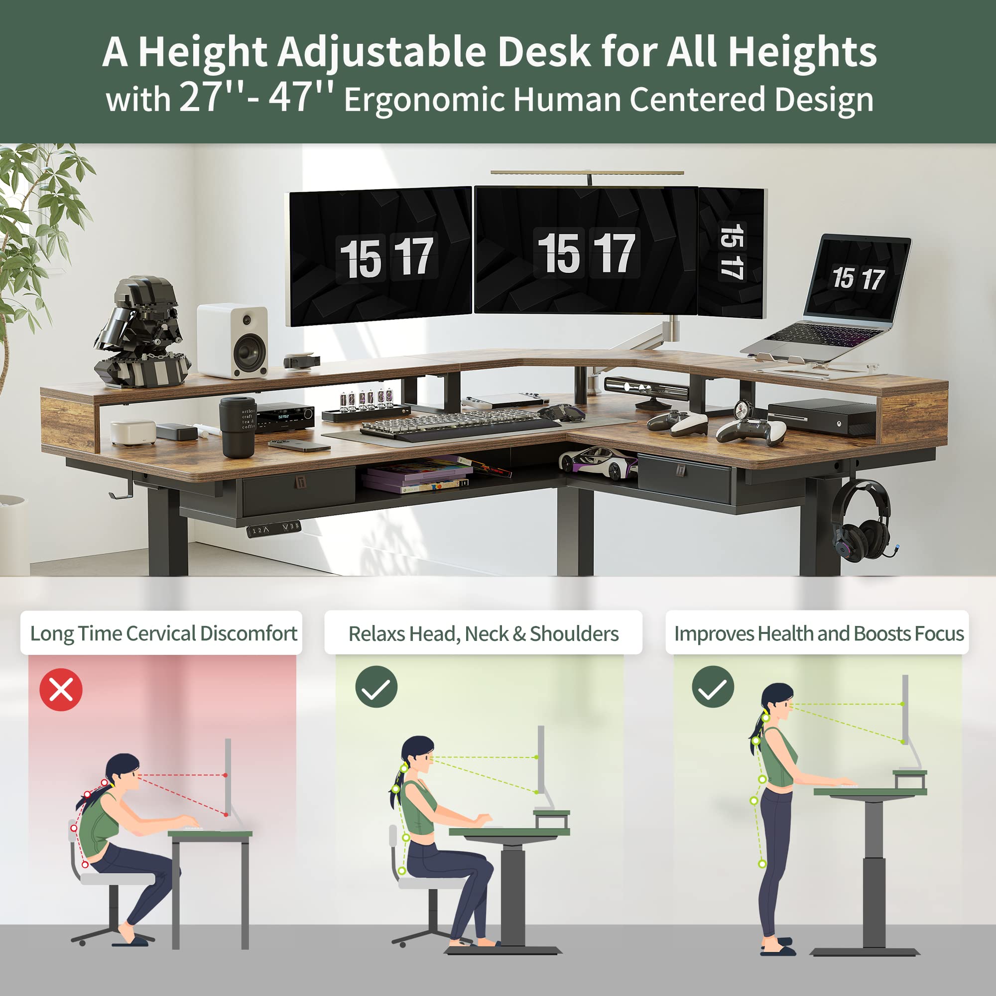 FEZIBO L Shaped Standing Desk with LED Strip & 2 Drawers, Triple Motors Supports 330 lbs, Upper and Lower Storage Shelves Available, Electric Height Adjustable, for Home Office, Rustic Brown