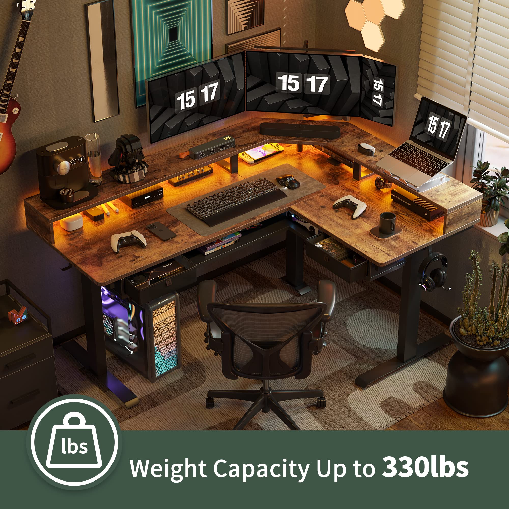 FEZIBO L Shaped Standing Desk with LED Strip & 2 Drawers, Triple Motors Supports 330 lbs, Upper and Lower Storage Shelves Available, Electric Height Adjustable, for Home Office, Rustic Brown
