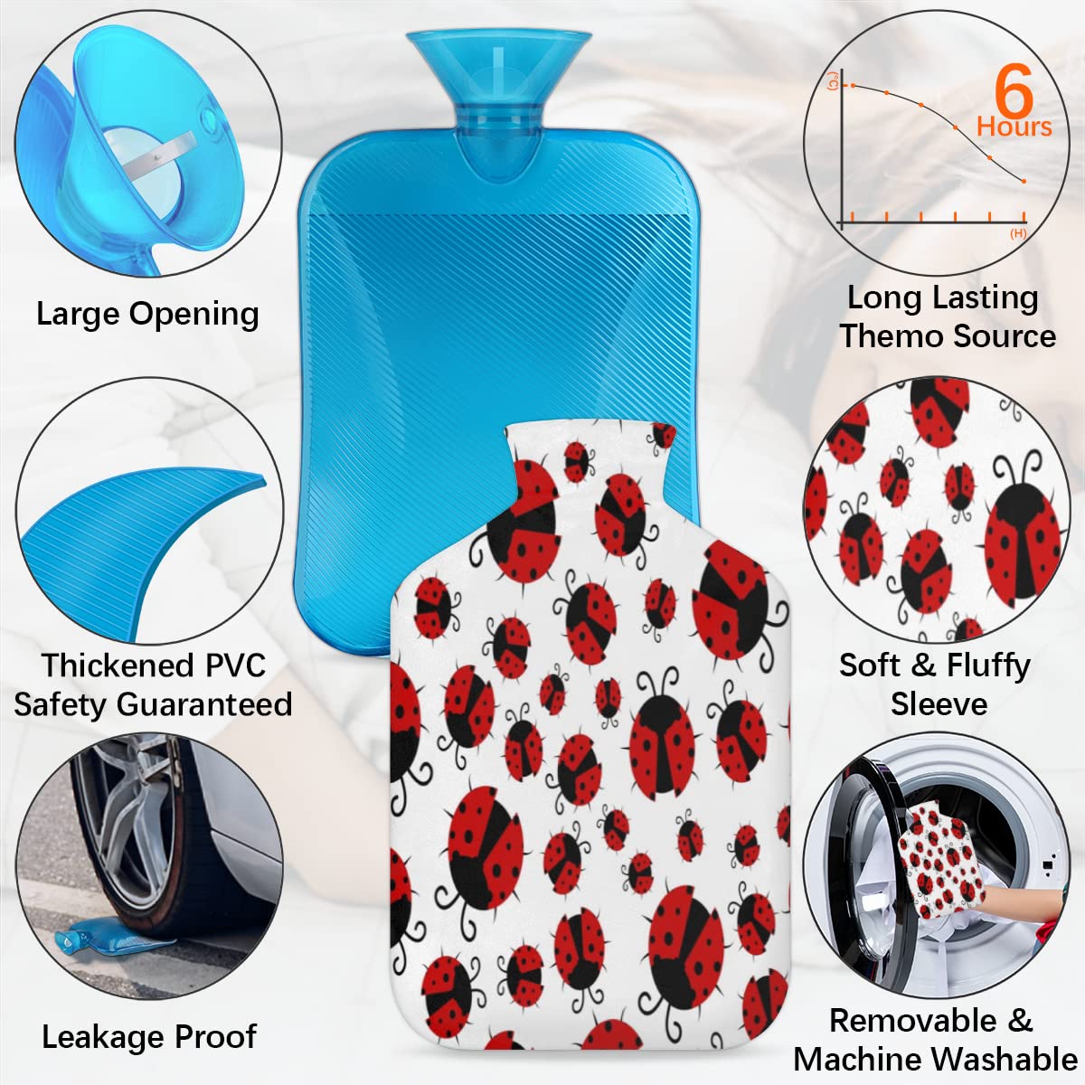 Red Ladybug Hot Water Bottle with Cover 2L, Ladybug PVC Hot Water Bag for Hand Feet Warmer, Pain Relief,Hot Compress and Cold Therapy