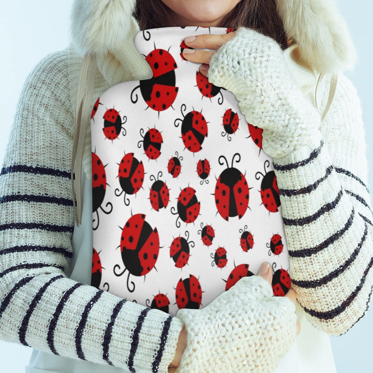 Red Ladybug Hot Water Bottle with Cover 2L, Ladybug PVC Hot Water Bag for Hand Feet Warmer, Pain Relief,Hot Compress and Cold Therapy