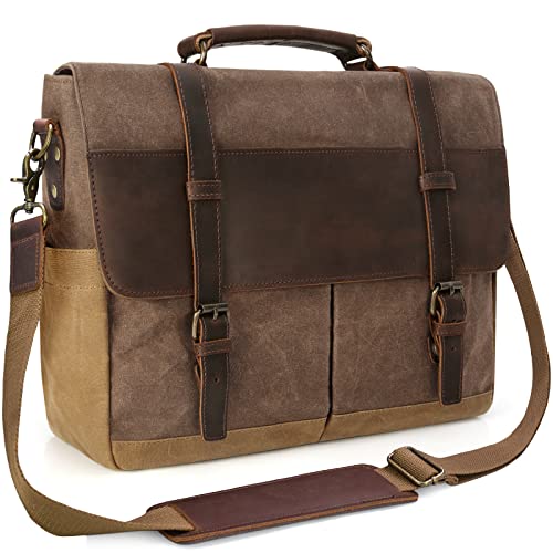 Messenger Bag for Men 15.6 Inch Waterproof Large Satchel Bag Vintage Genuine Leather Waxed Canvas Laptop Briefcase Rugged Leather Computer Shoulder Work Bag Brown