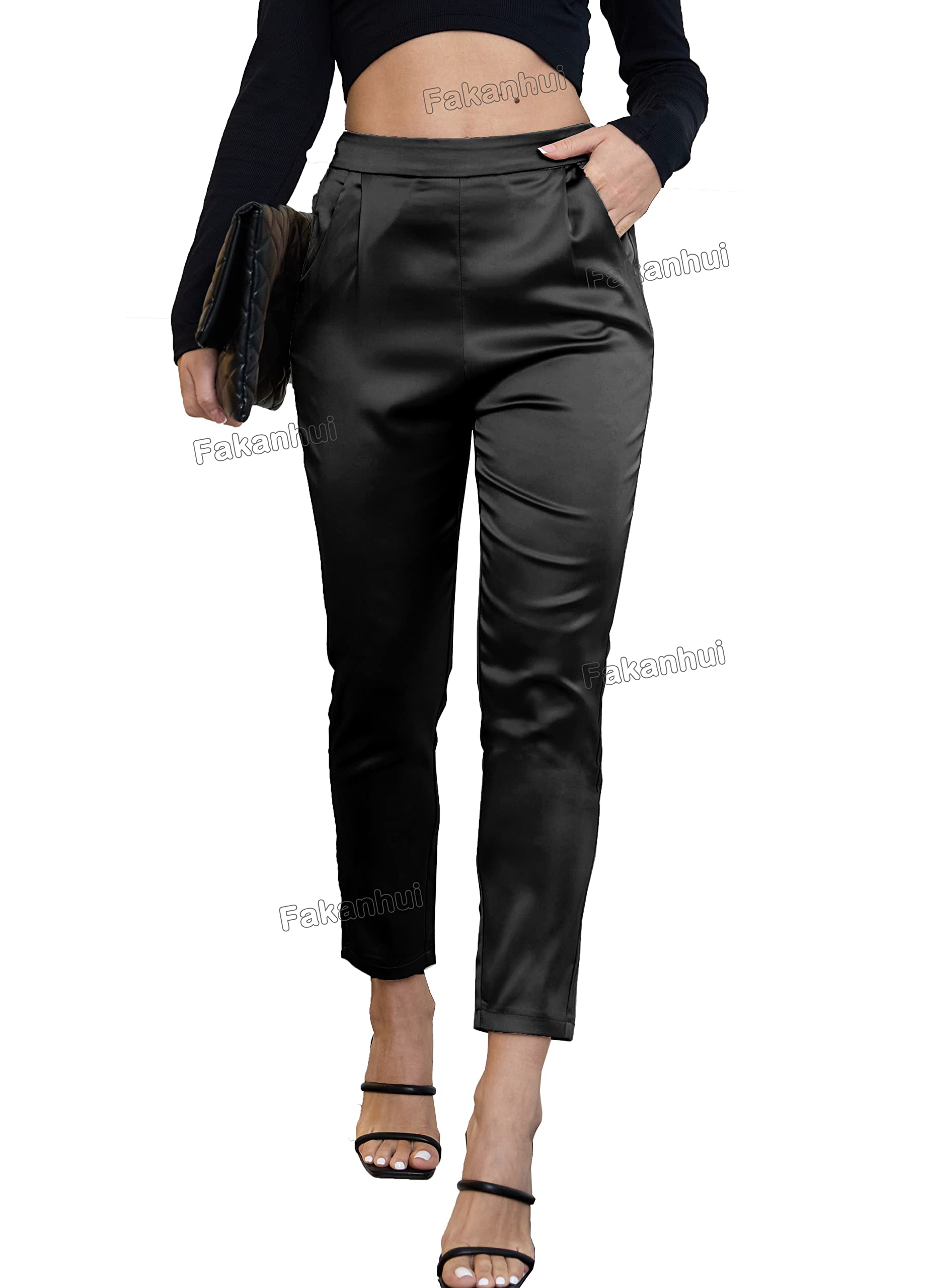 Fakanhui Women's Satin Silky Dress Casual Elastic High Waist Stretch Elegant Pants Trousers XX-Large