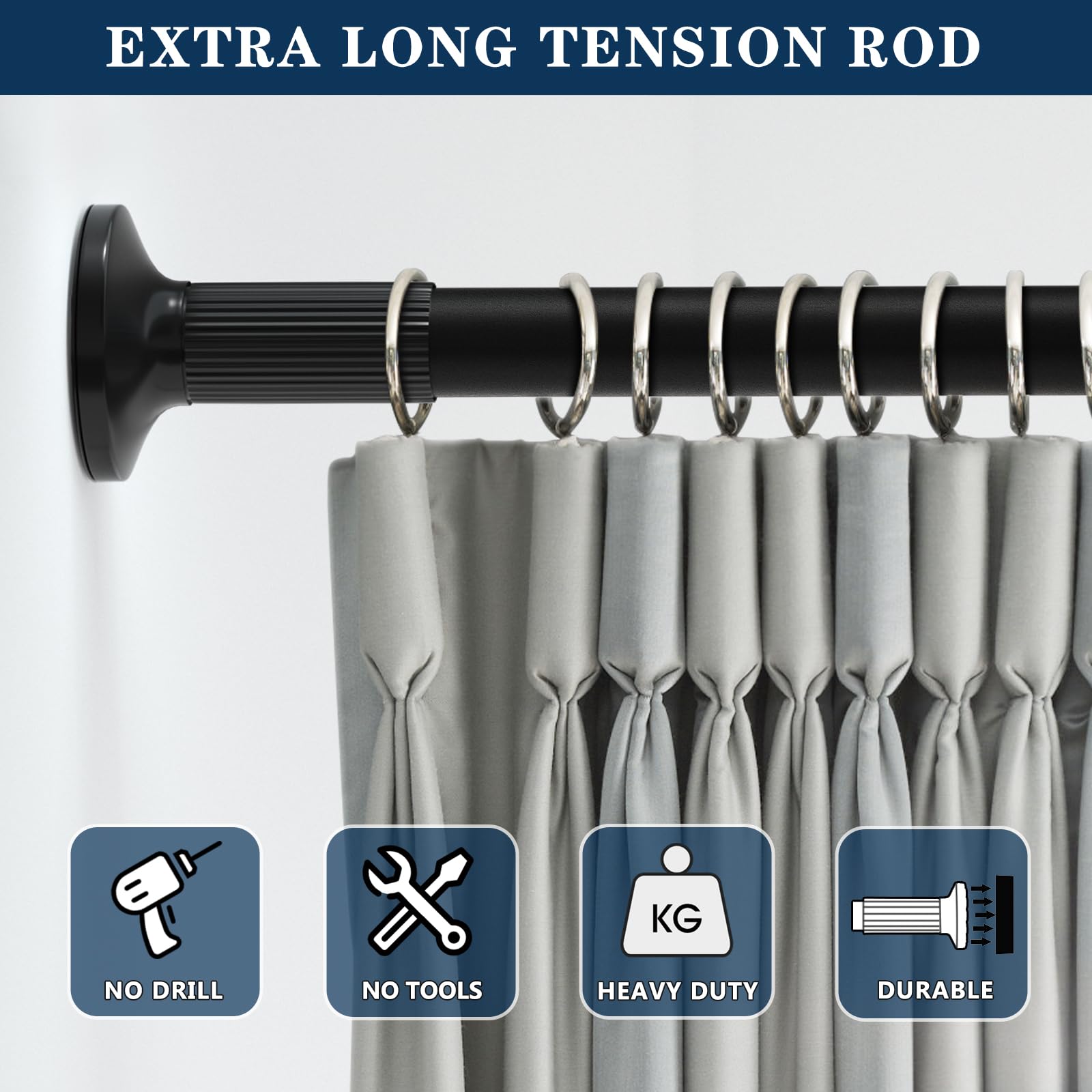 Tension Shower Curtain Rod 51-126 Inch, Dual-End Adjustable Shower Curtain Rod, No-Drill Carbon Steel Rust-Resistant Spring Rod, Long Rod for Bathroom Window Patio, Easy Install 1.26-Inch Diameter
