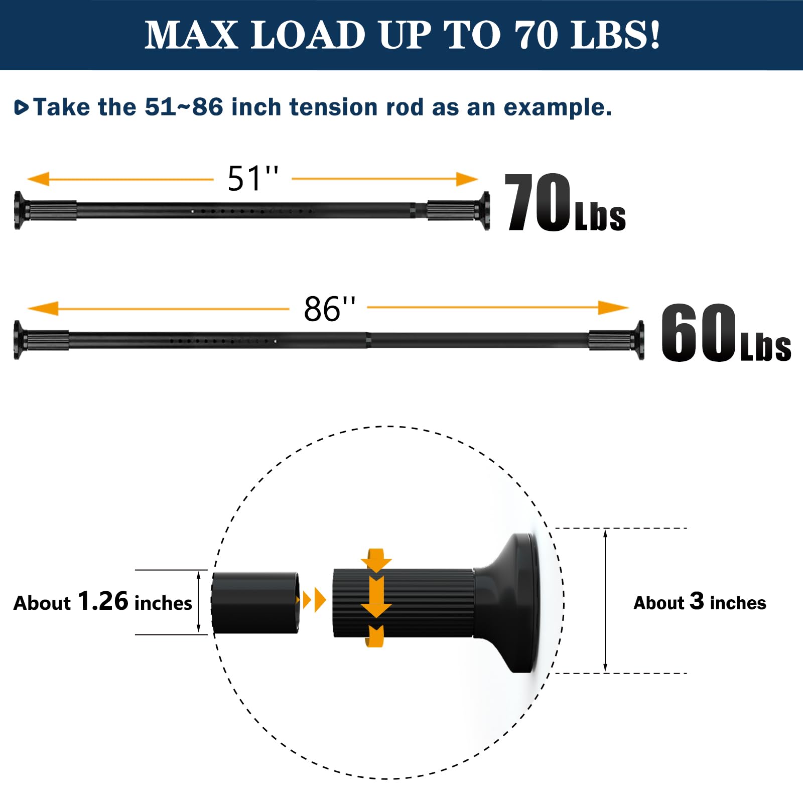 Tension Shower Curtain Rod 51-126 Inch, Dual-End Adjustable Shower Curtain Rod, No-Drill Carbon Steel Rust-Resistant Spring Rod, Long Rod for Bathroom Window Patio, Easy Install 1.26-Inch Diameter
