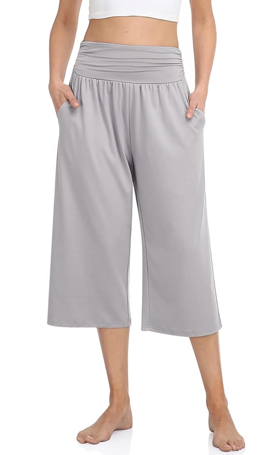 TARSE Women's High Pleated Waisted Capri Pants Casual Wide Leg Grey Yoga Pants Loose Soft Pajamas with Pockets Sweatpants Light Gray 2XL XXL