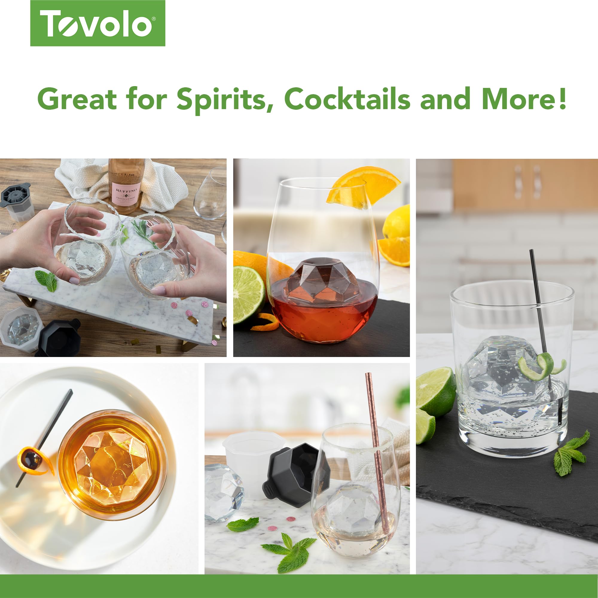 Tovolo Faceted Sphere Ice Molds, Set of 2 - Large Ice Ball Mold Ideal for Whiskey, Cocktails & Any Cold Beverage - Odor-Free Freezer Storage, Dishwasher-Safe with Silicone Plunger