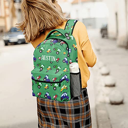 CustomLife Personalized Green Tractors School Backpacks Bookbag Travel Pack for Boys Girls Men Women, 16.5''(H) x 12.2''(L) x 5.9''(W)