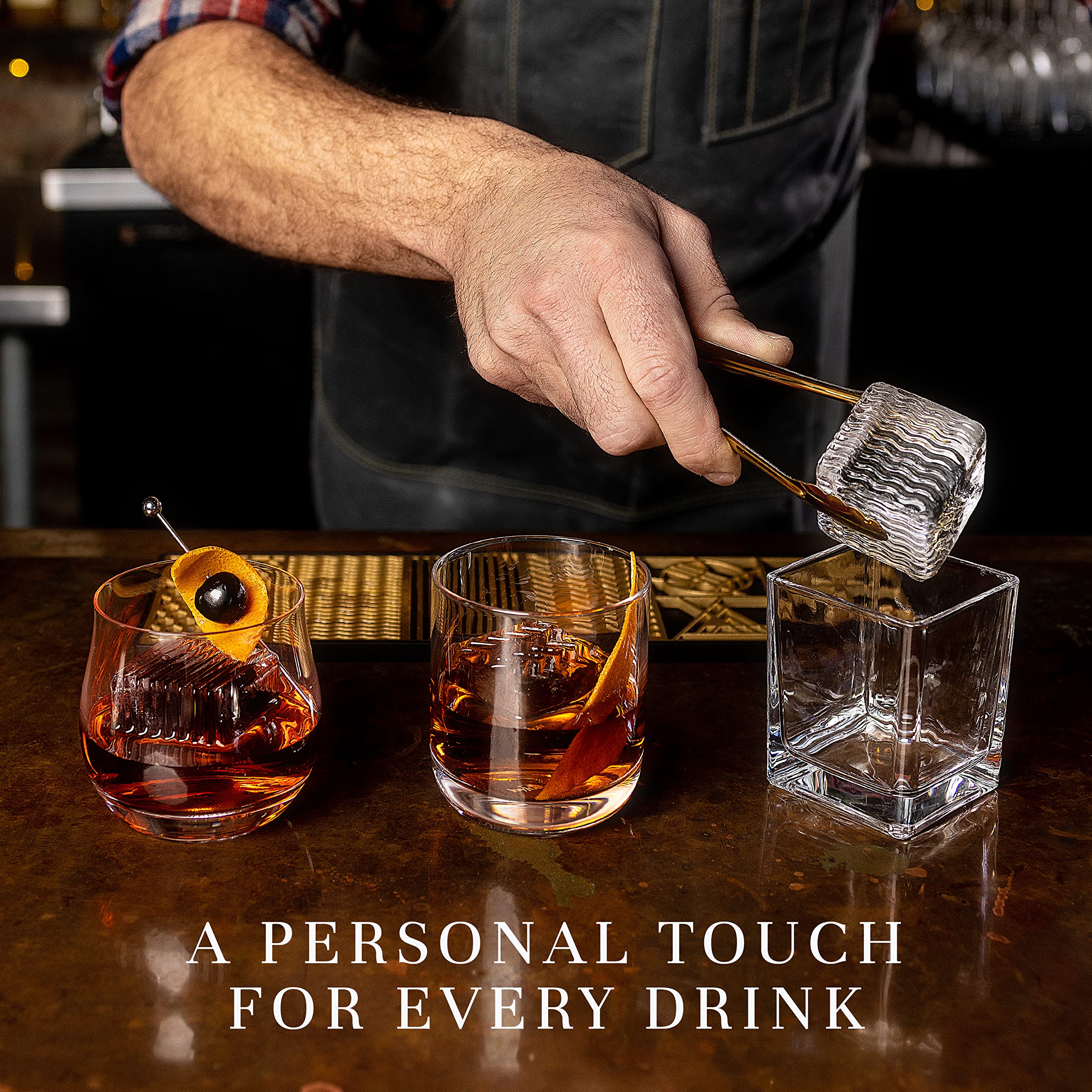Clear Ice Cube Maker Design Tray - Craft Modern Ice Molds for Bourbon & Cocktails in 5 Seconds - Whiskey Mold Cube Stamp β Bartender Accessories - Copper Ice Press Cocktails by Ash Harbor (Seasons)