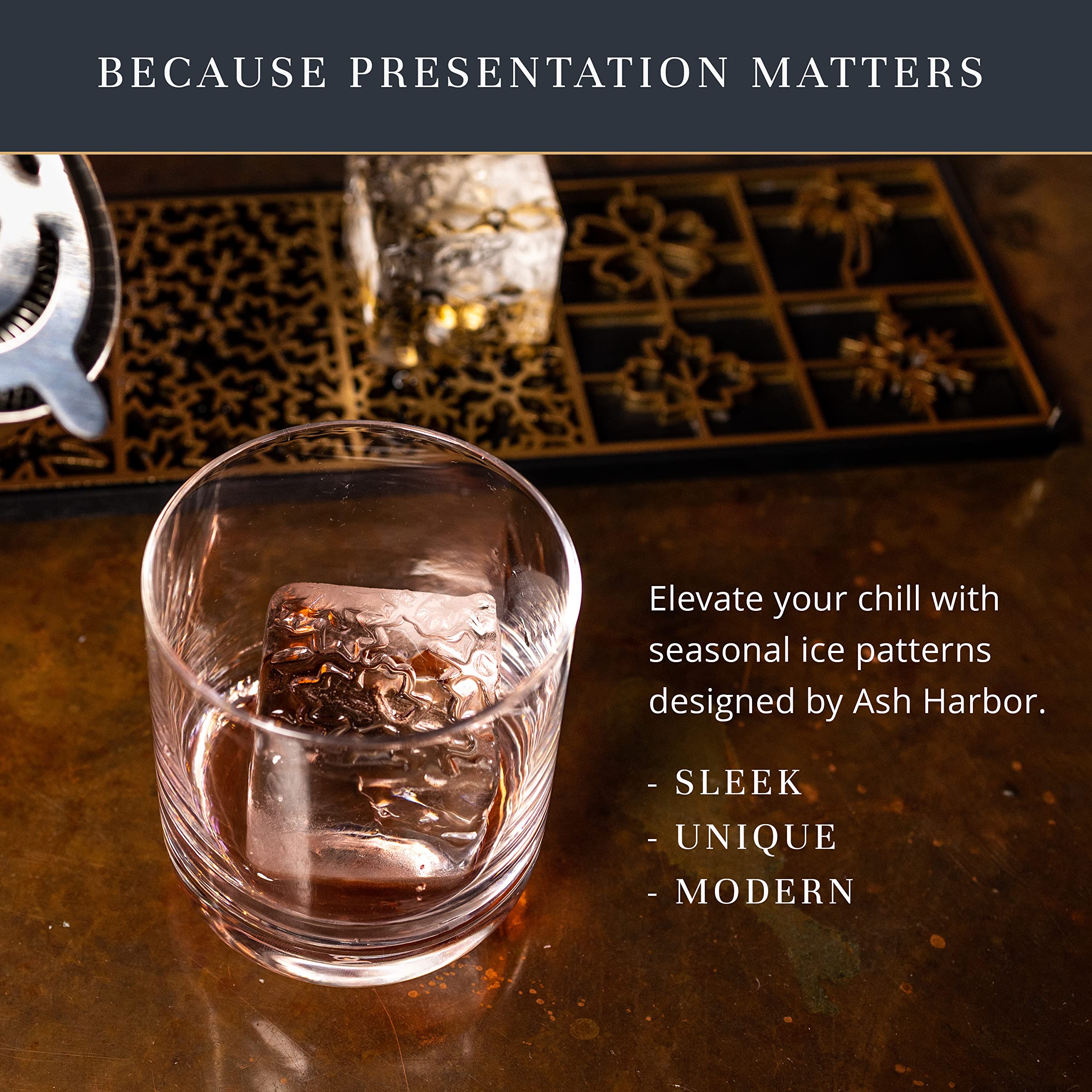 Clear Ice Cube Maker Design Tray - Craft Modern Ice Molds for Bourbon & Cocktails in 5 Seconds - Whiskey Mold Cube Stamp β Bartender Accessories - Copper Ice Press Cocktails by Ash Harbor (Seasons)